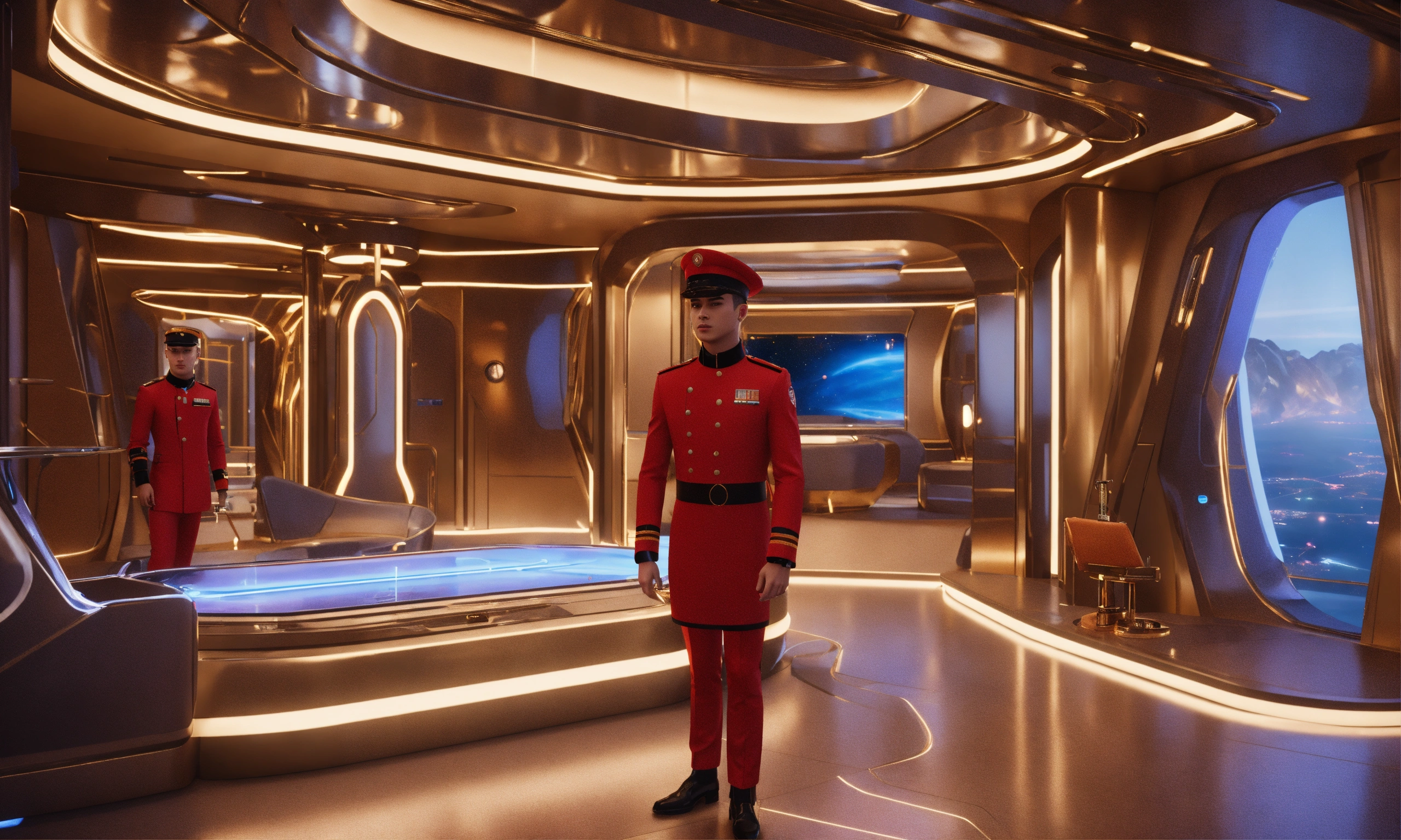 Lexica - A young valet with futuristic bellhop uniform offers to dock ...