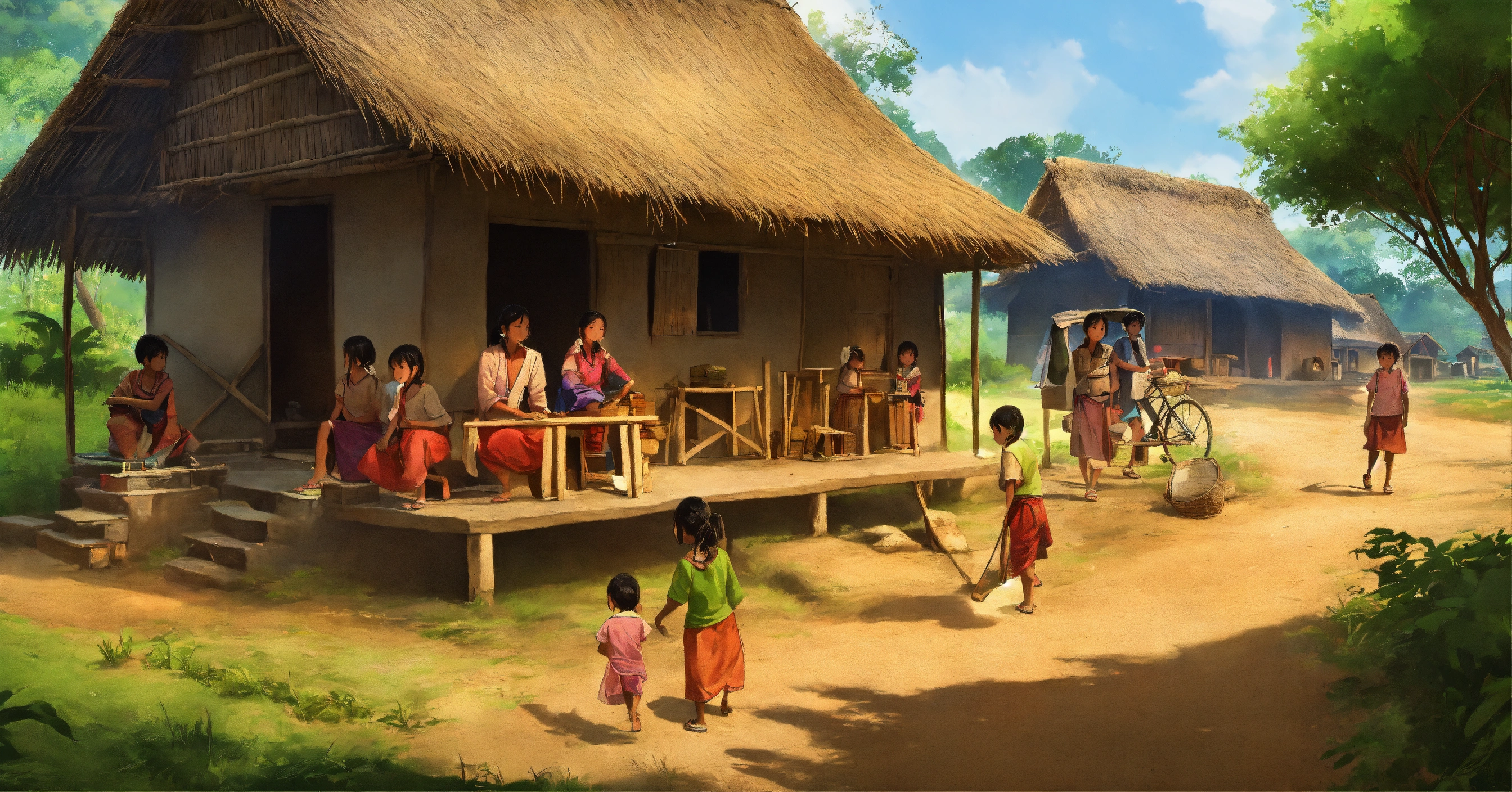 Lexica - A rural village with simple huts, children playing, and ...