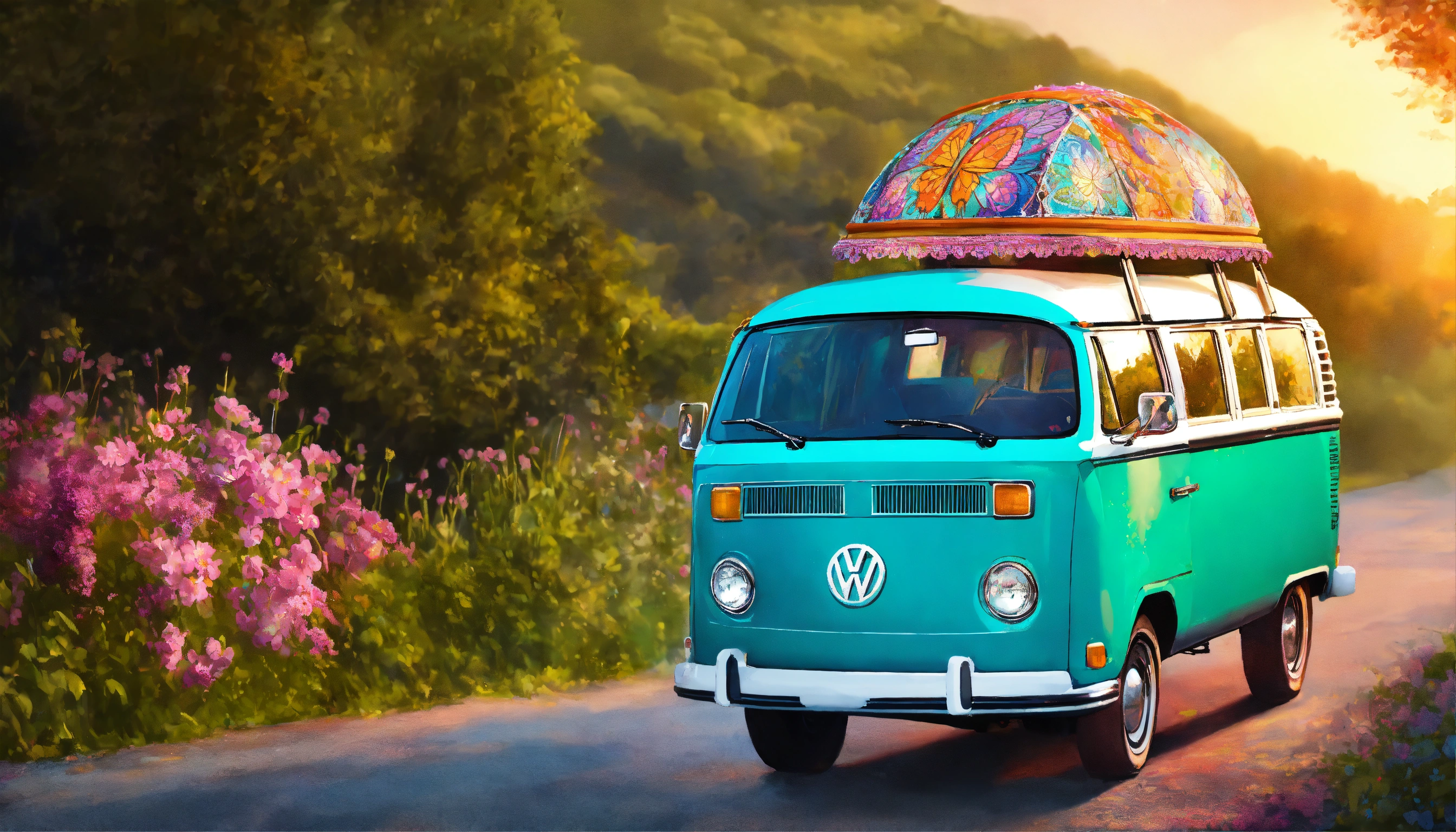 Lexica - Concept art of hyper realistic turquoise Volkswagen bus, paint ...