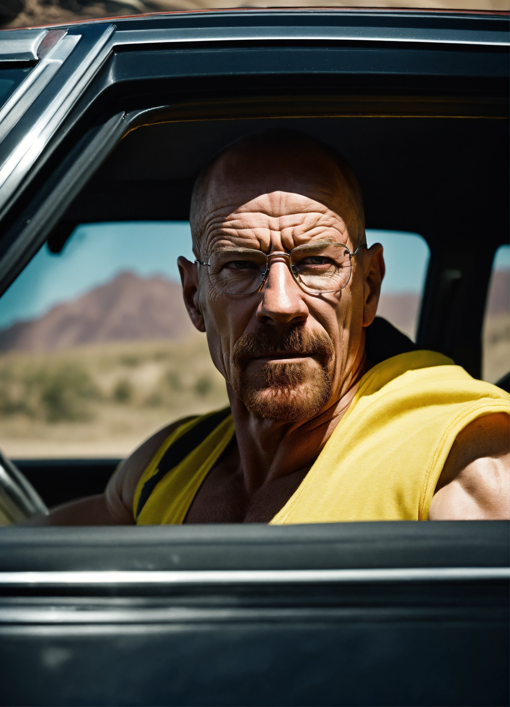 Lexica - Close up on Bodybuilder Walter White driving a car