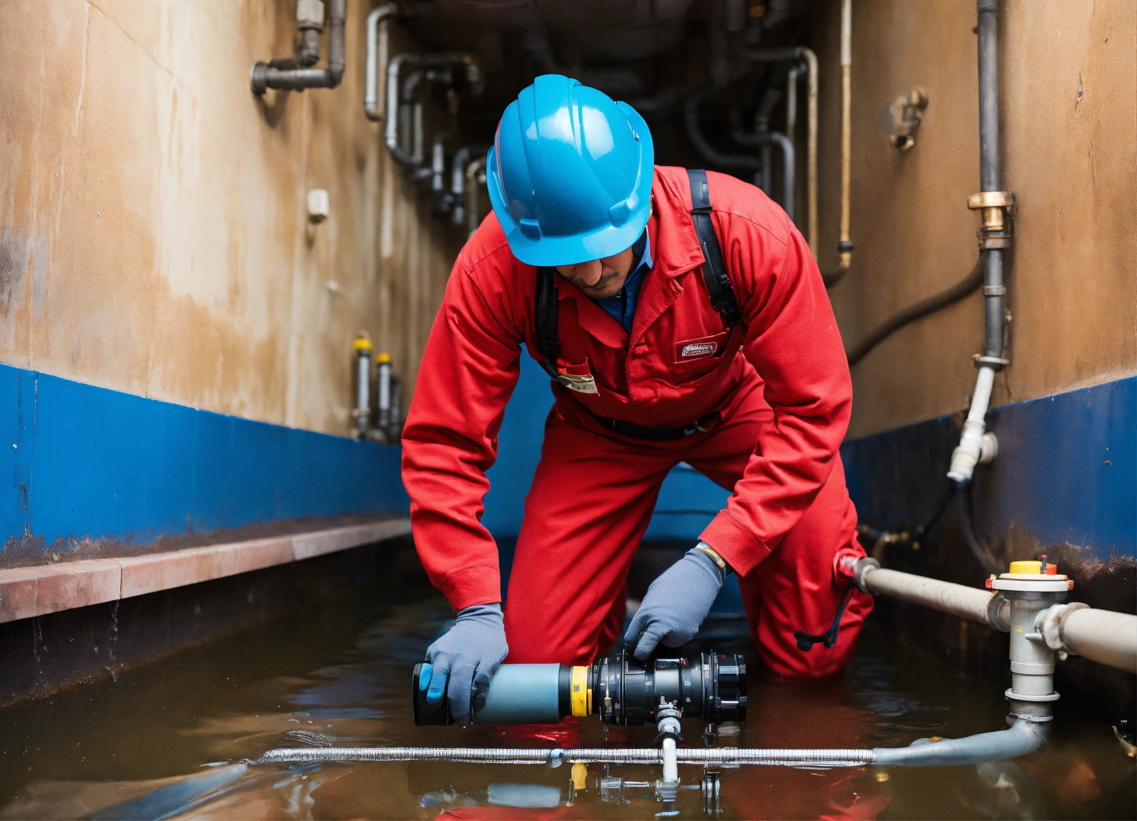 Lexica - A plumber in a red overall with a red hardhelm is standing in ...