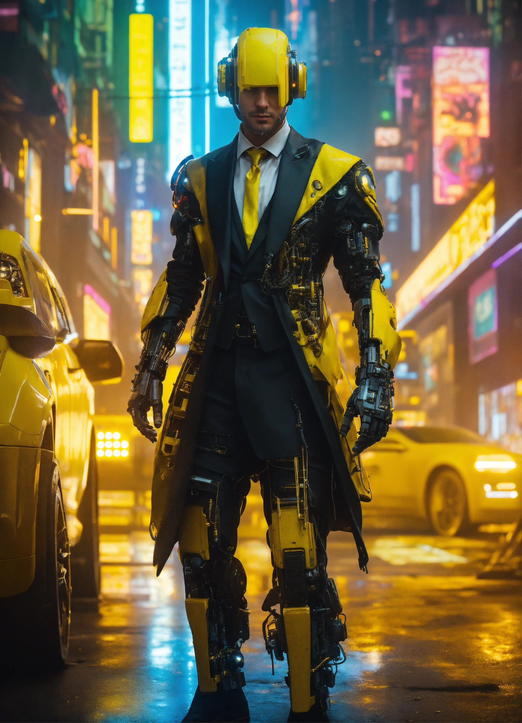 Lexica - Cyberpunk cyborg with yellow cybernetic parts. Mostly human ...