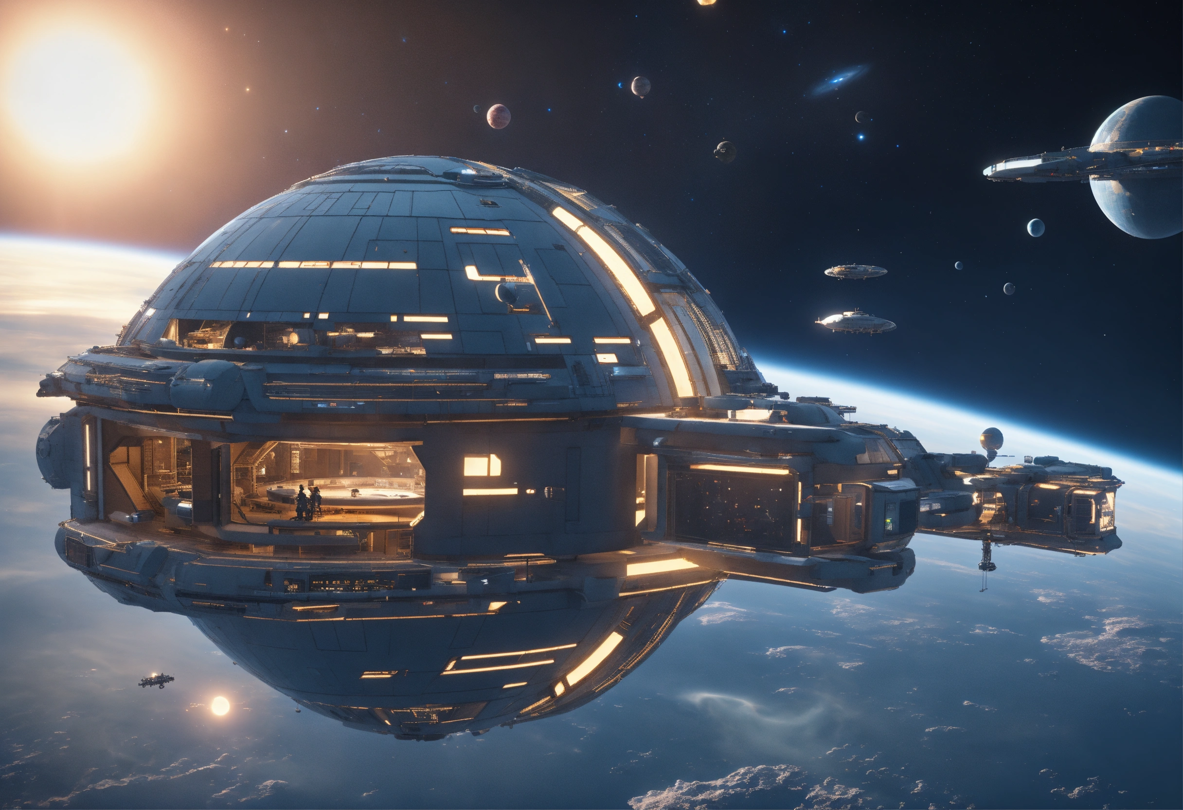 Lexica - Zoom out on a modern style space station exterior floating in ...