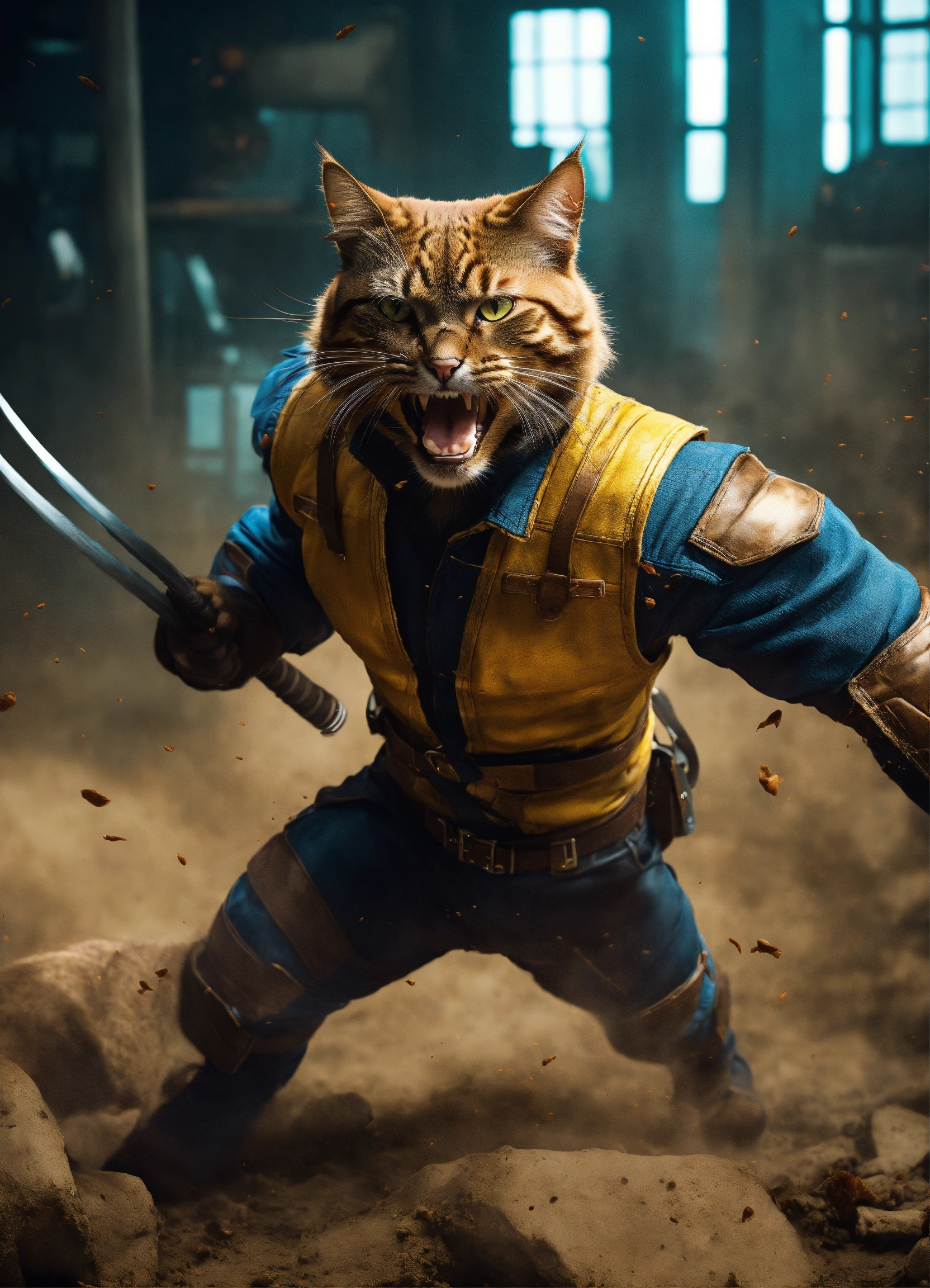 Lexica - Produce me an image of cat wolverine in fighting action, movie ...