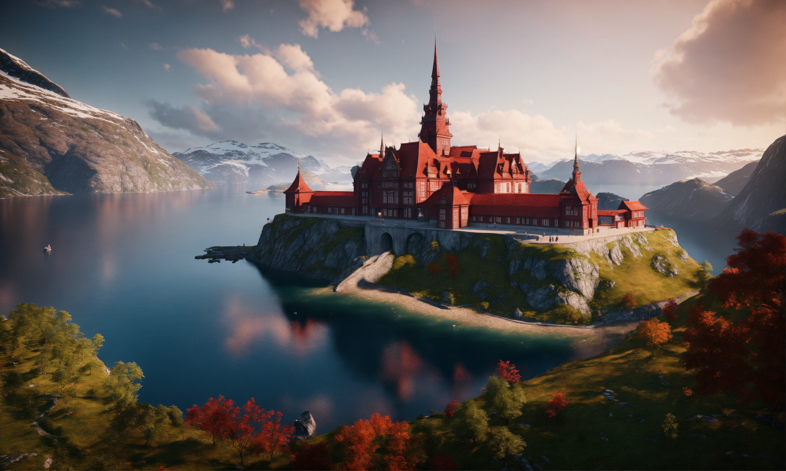 Lexica - Full image of a massive royal palace with a maroon roof on a cliff overlooking a Fjord ...