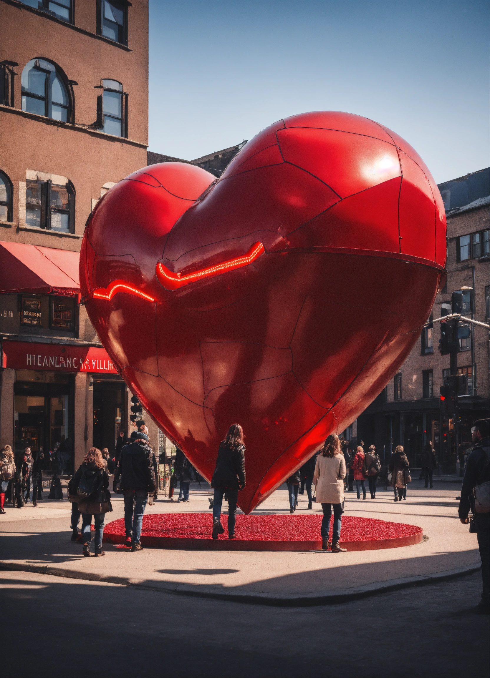 Lexica - A giant heart in iron, with red light inside, with two giant ...