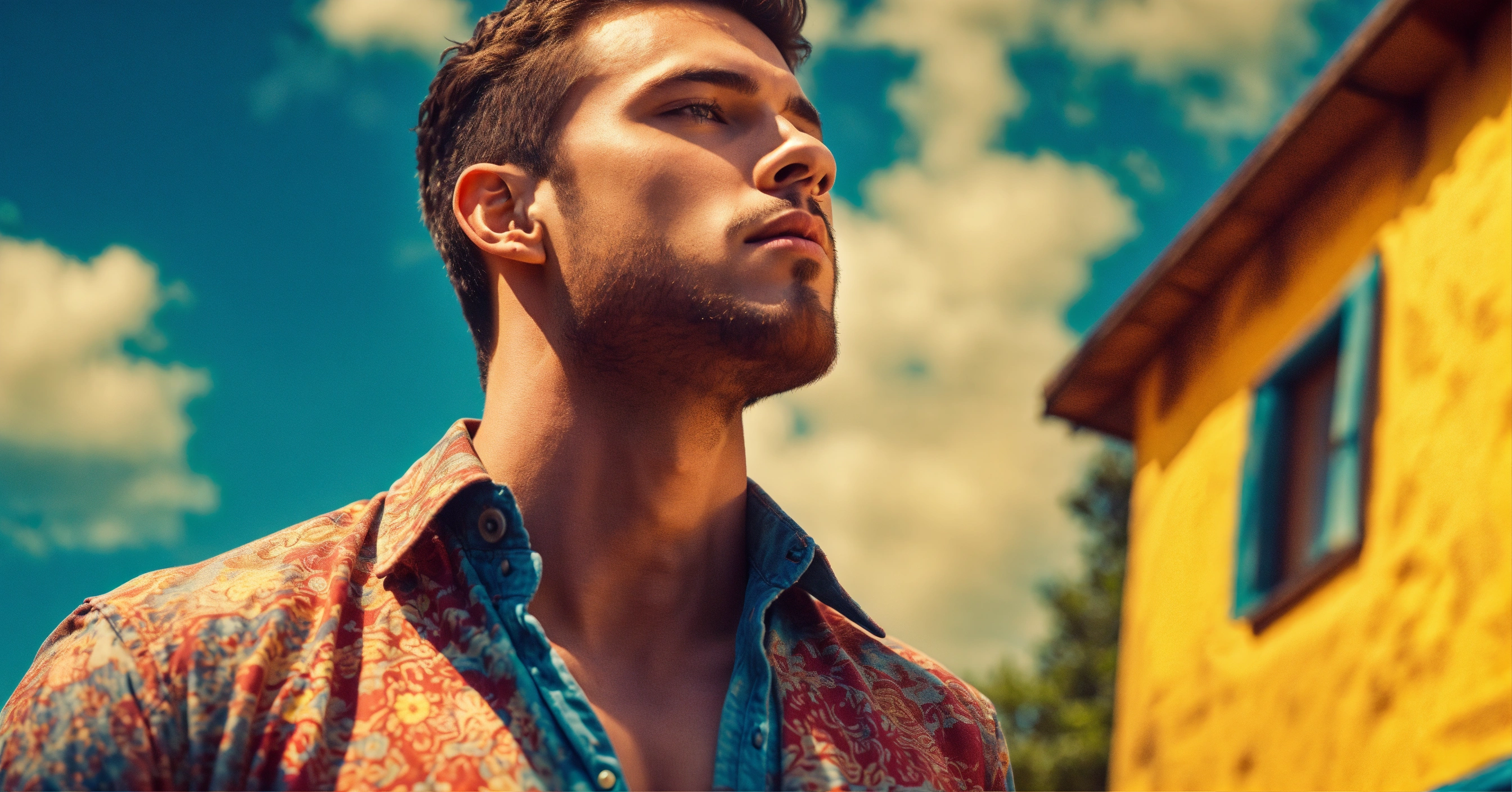 Lexica - Gorgeous well built guy, open shirt, looking up at the skies ...