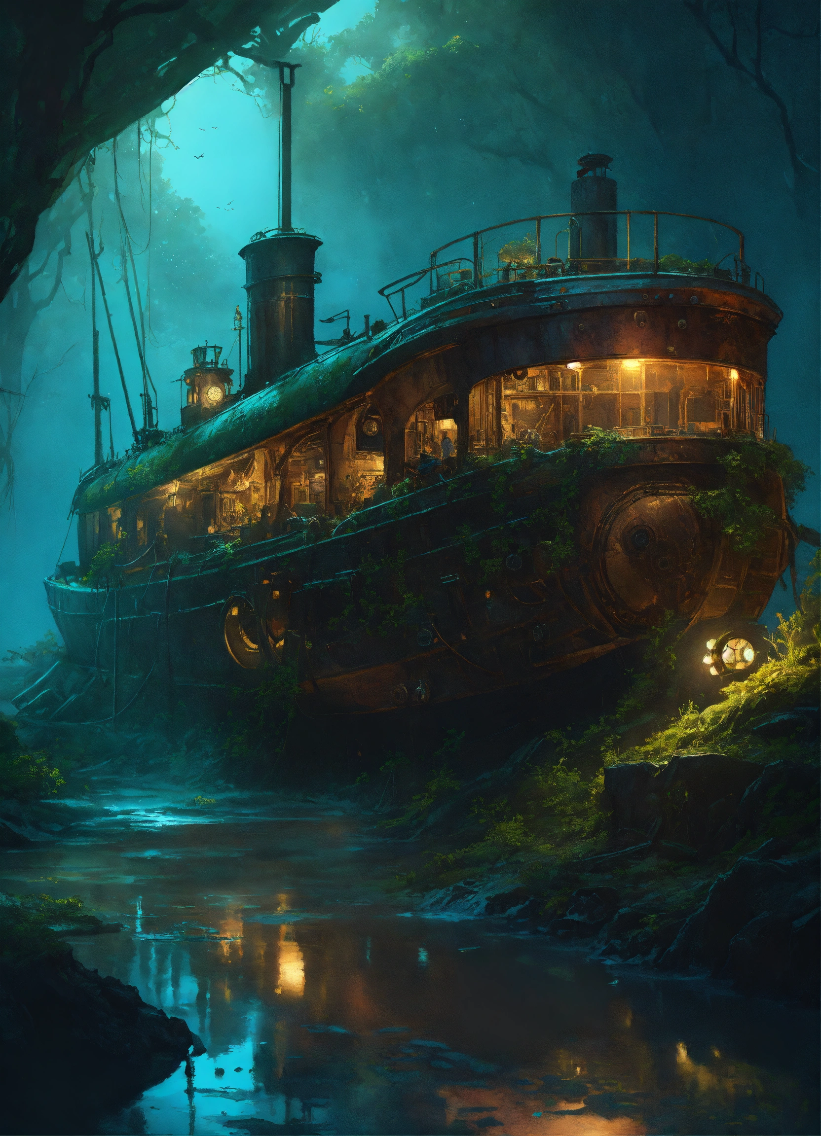Lexica - Beached steampunk submarine tilted rusty shipwreck in swamp ...