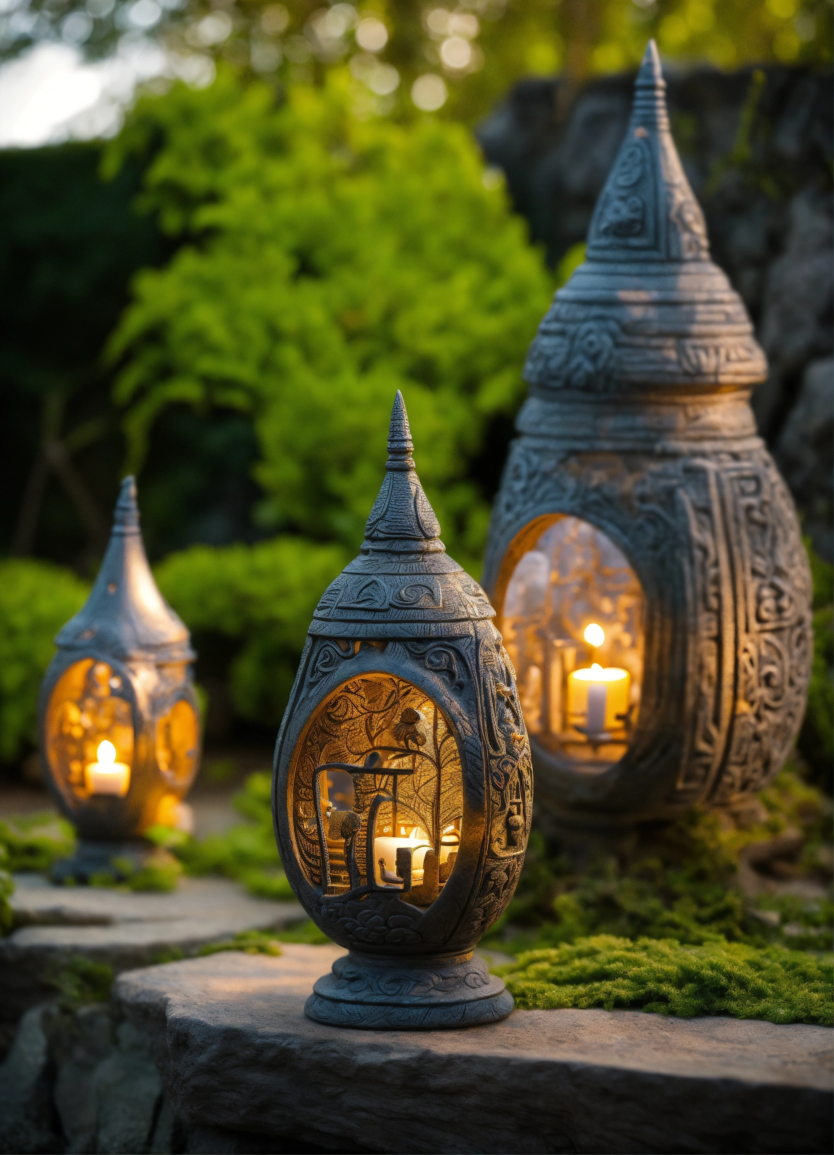 Lexica - Ancient spirit gnome inspired stone garden lanterns.style of ...