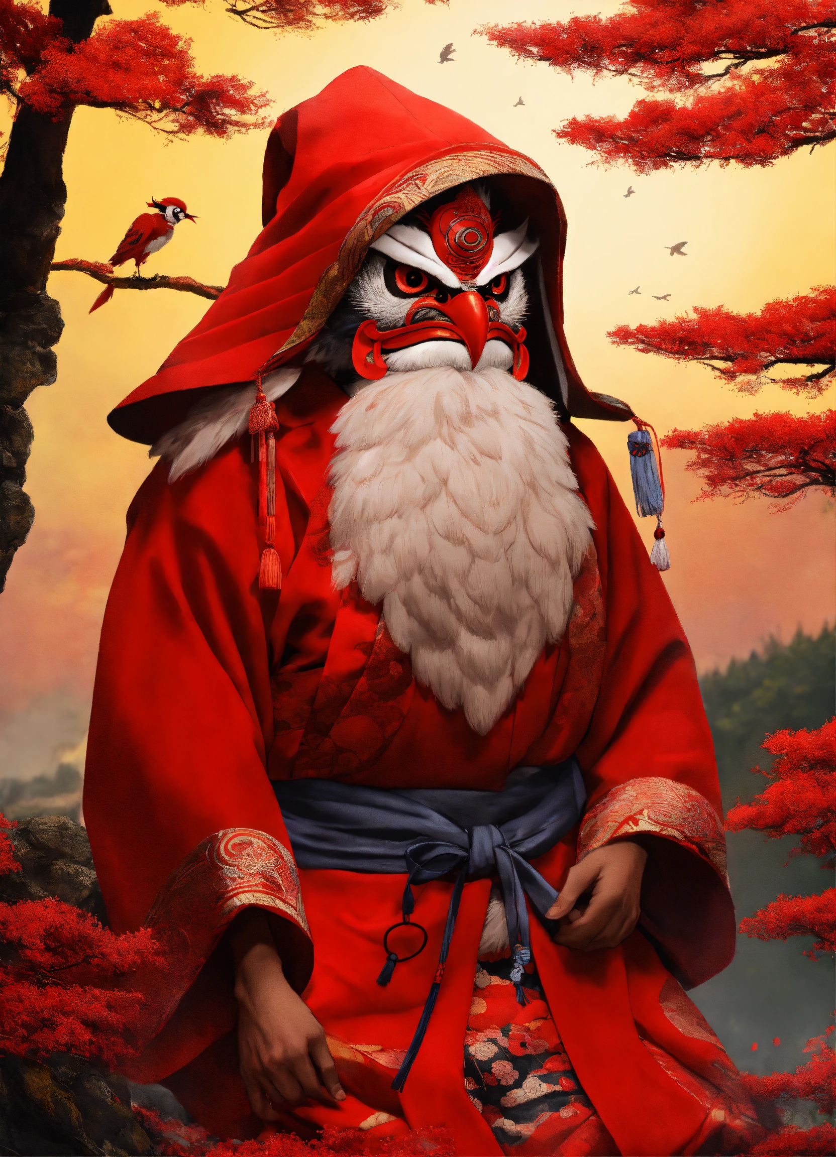 Lexica - Tengu yokai japon homme, long nez de 50 cm rouge, dans la montagne