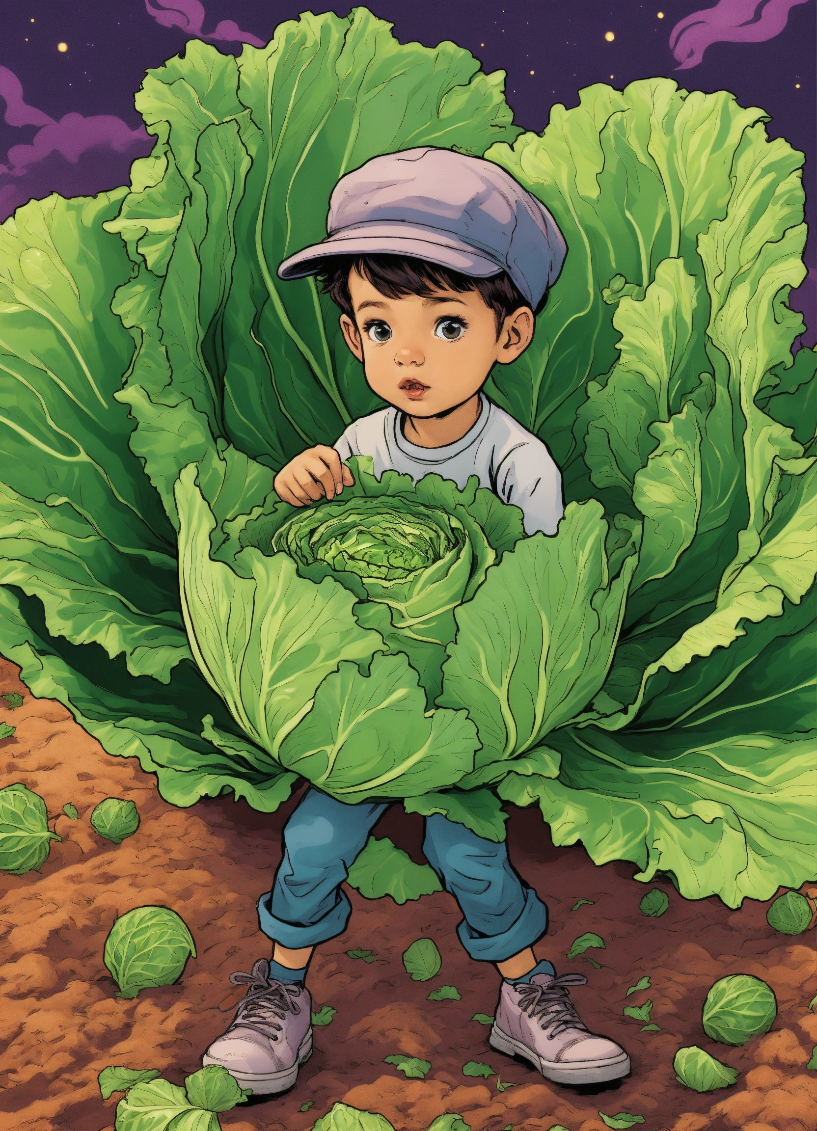 Lexica - A boy get into the cabbage. comics, psychedelic background