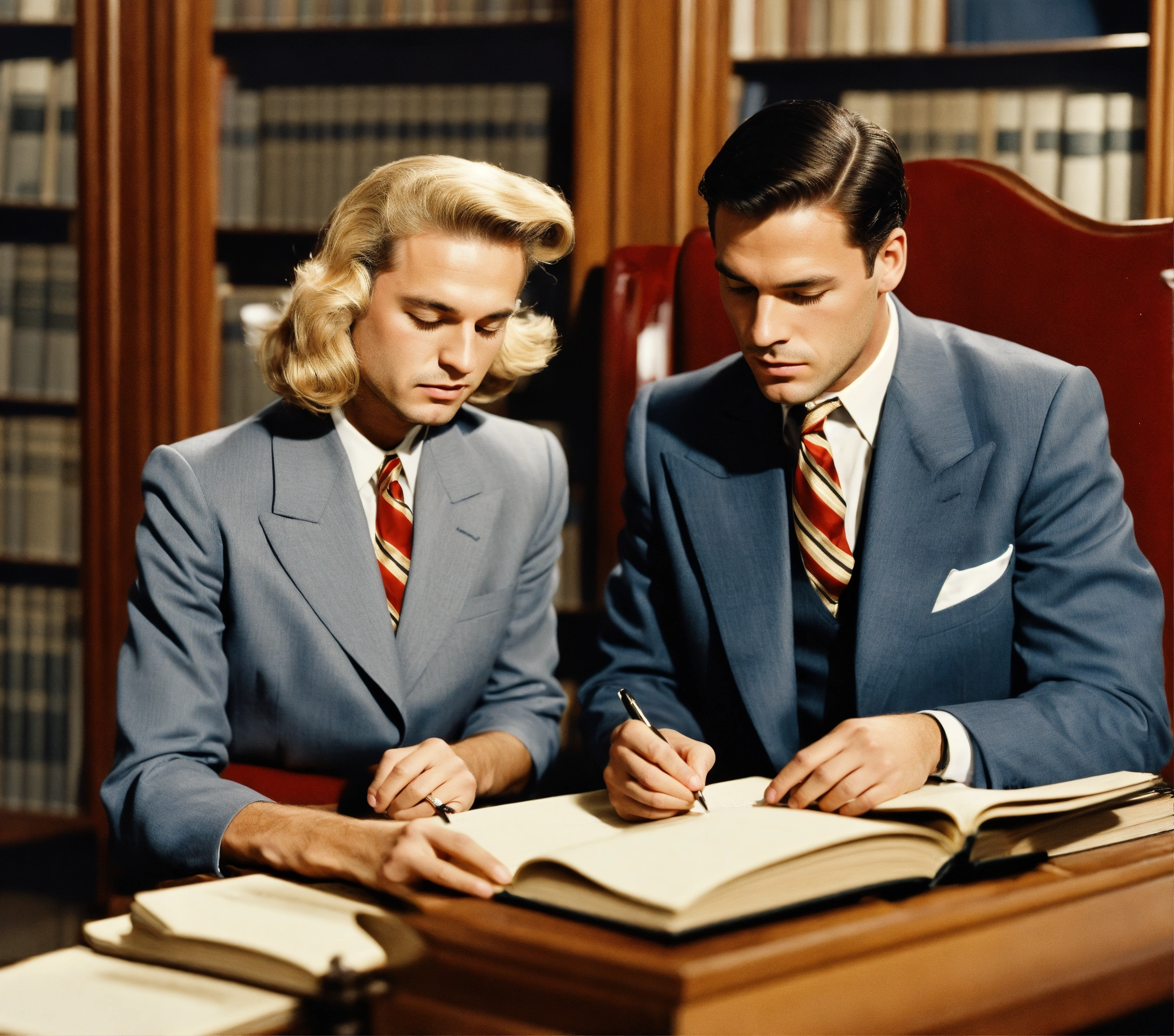 Lexica - Two blonde lawyers in grey vested suit, golden striped tie ...