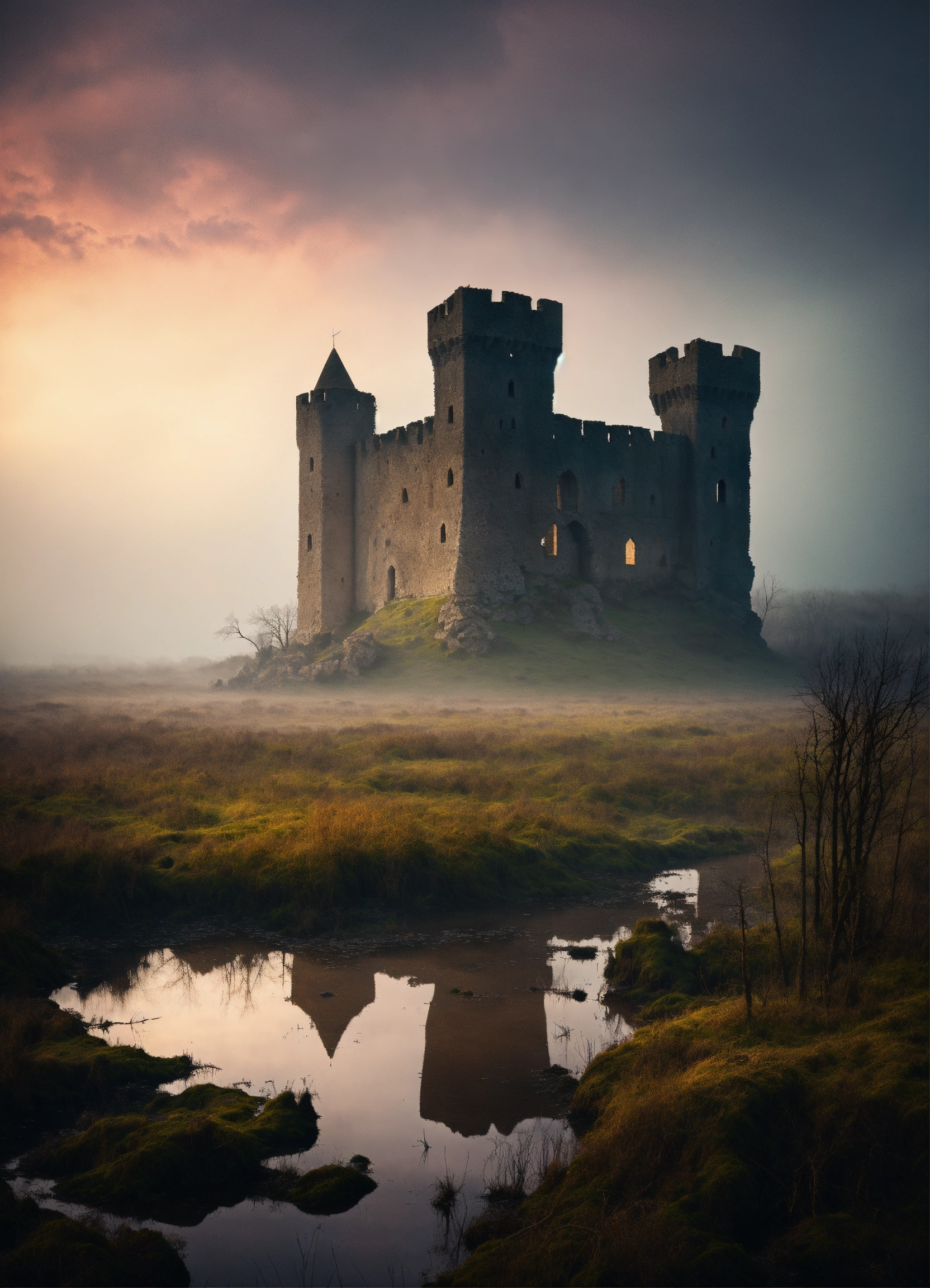 Lexica - Ruin of a stone castle in the middle of a foggy barren swamp ...