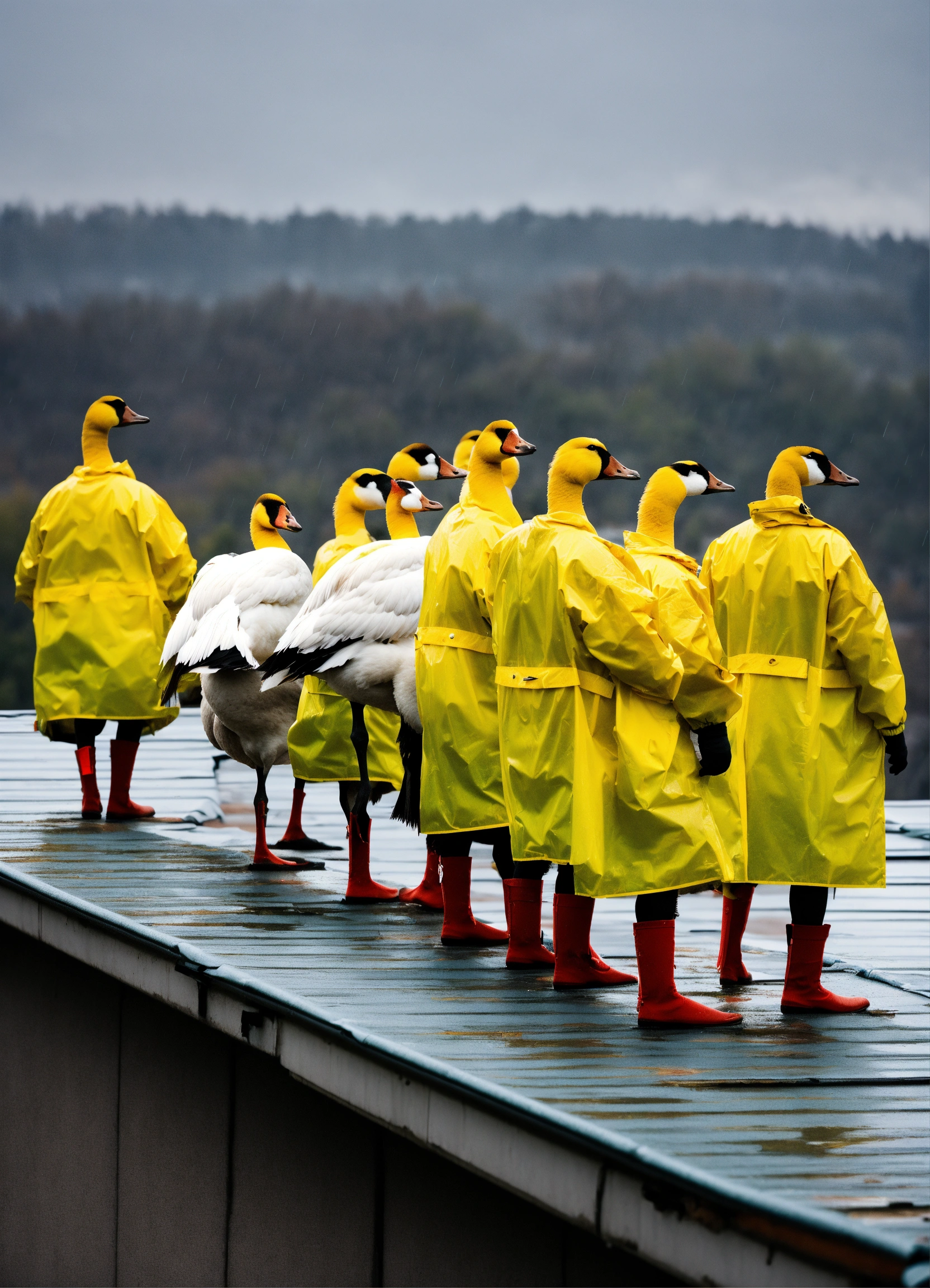 Lexica - A team of geese standing on a flat roof wearing a rainjacket ...