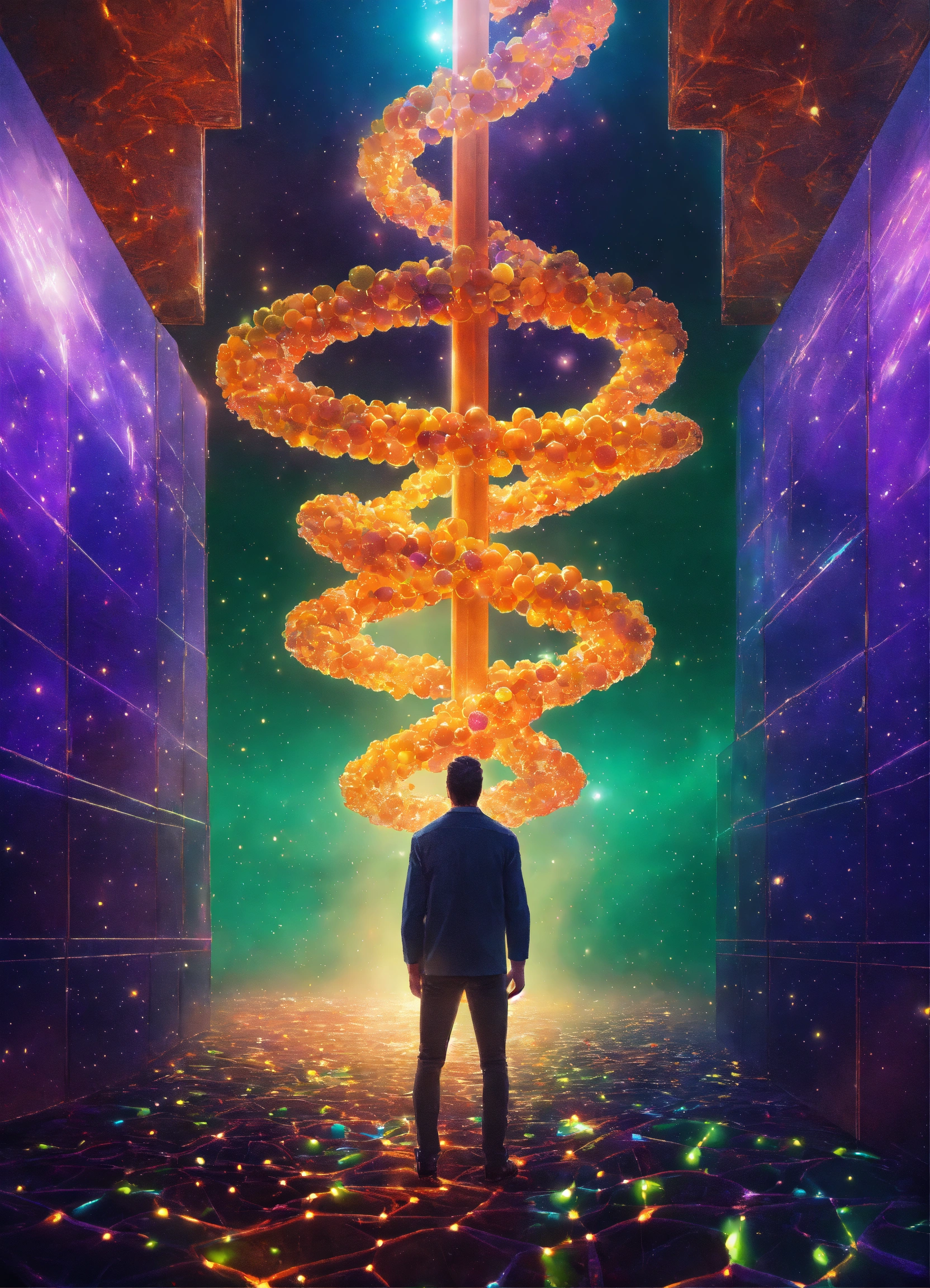 Lexica - Well built man looking up, dna strands floating in the ...