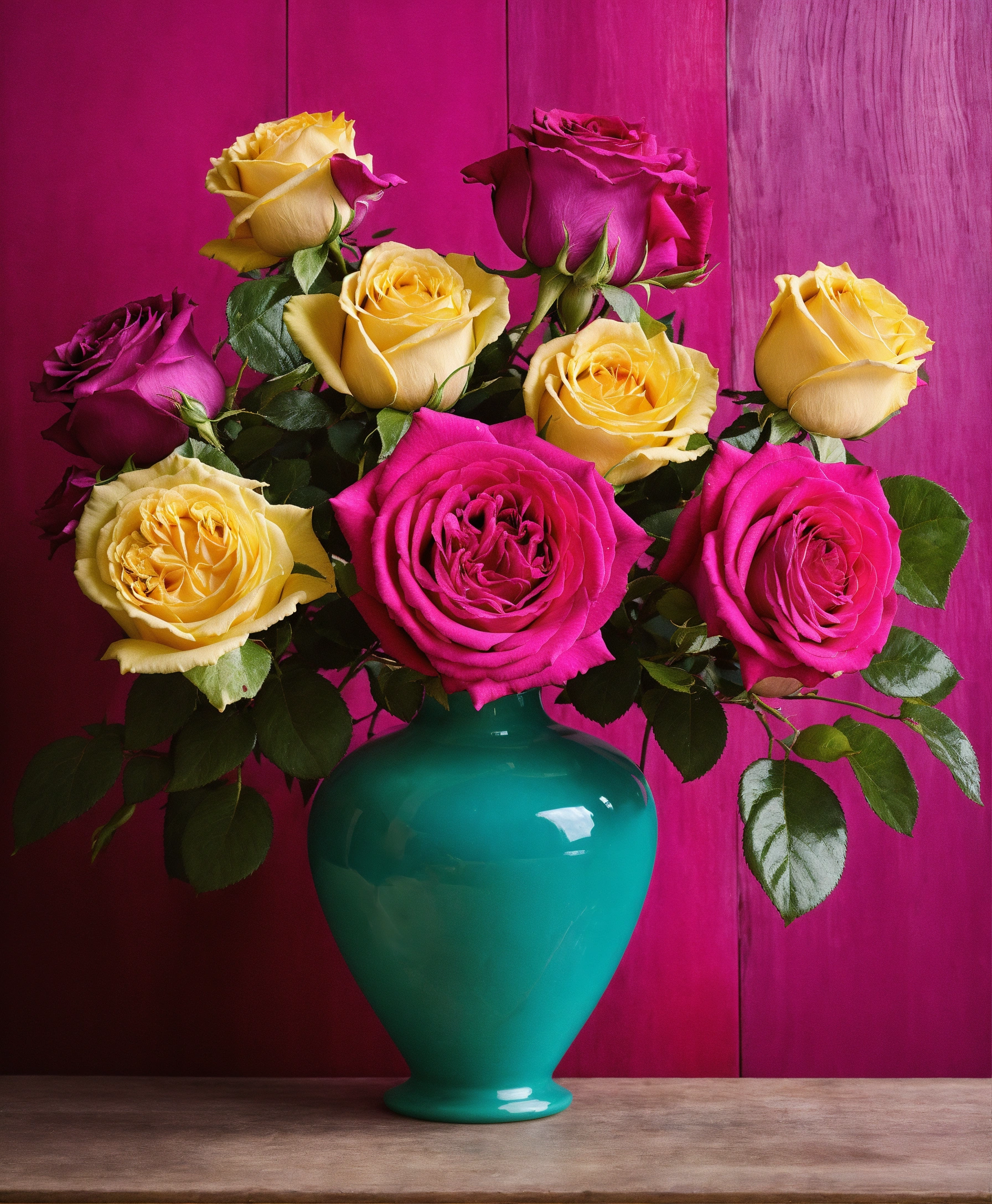 Lexica - Unique and bold vibrant magenta vase, roses