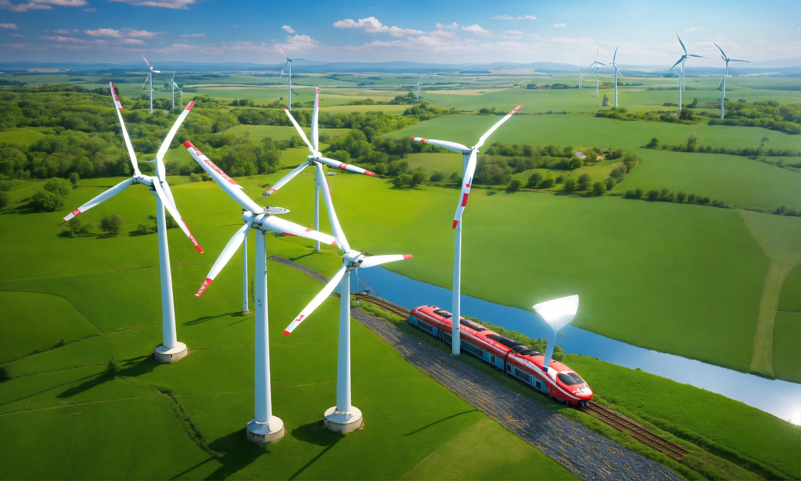 Lexica - Landscape with green landscape, blue sky, some wind turbine ...