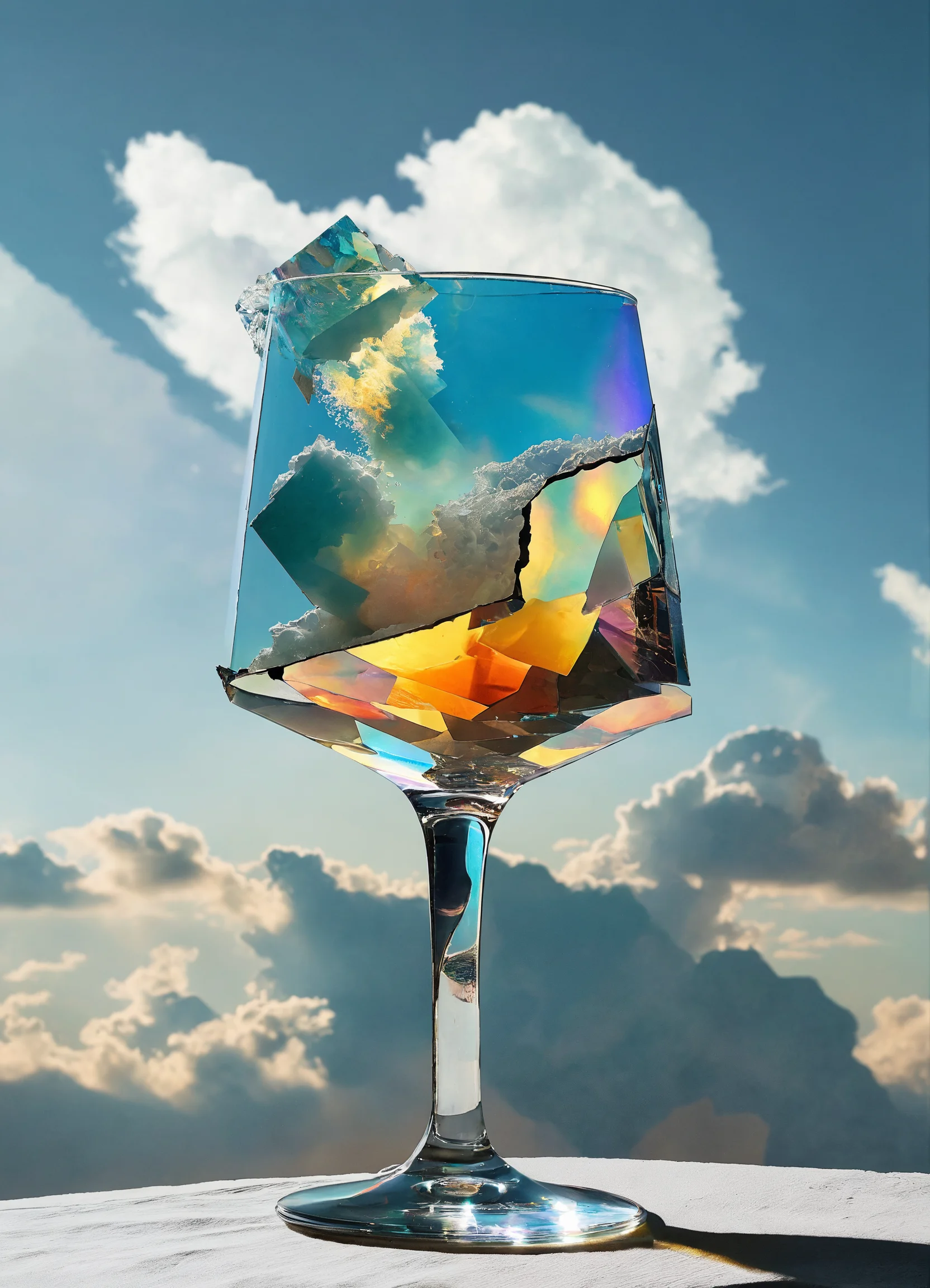 Lexica - A sunlit iridescent mocktail glass with a cloud reflected in ...