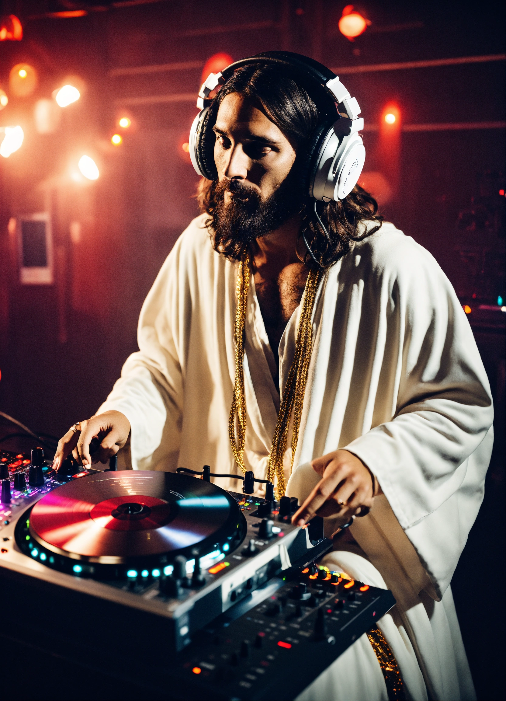 Lexica - Jesus christ with white robe celebrating Halloween in a club ...