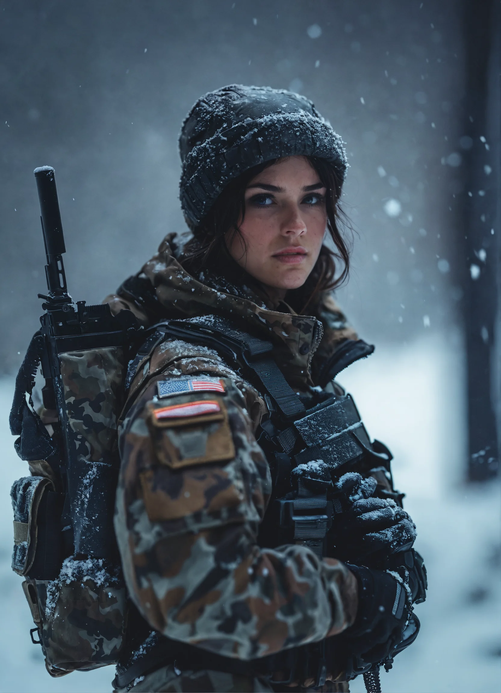 Lexica - A beautiful brunette soldier girl, wearing winter camo ...
