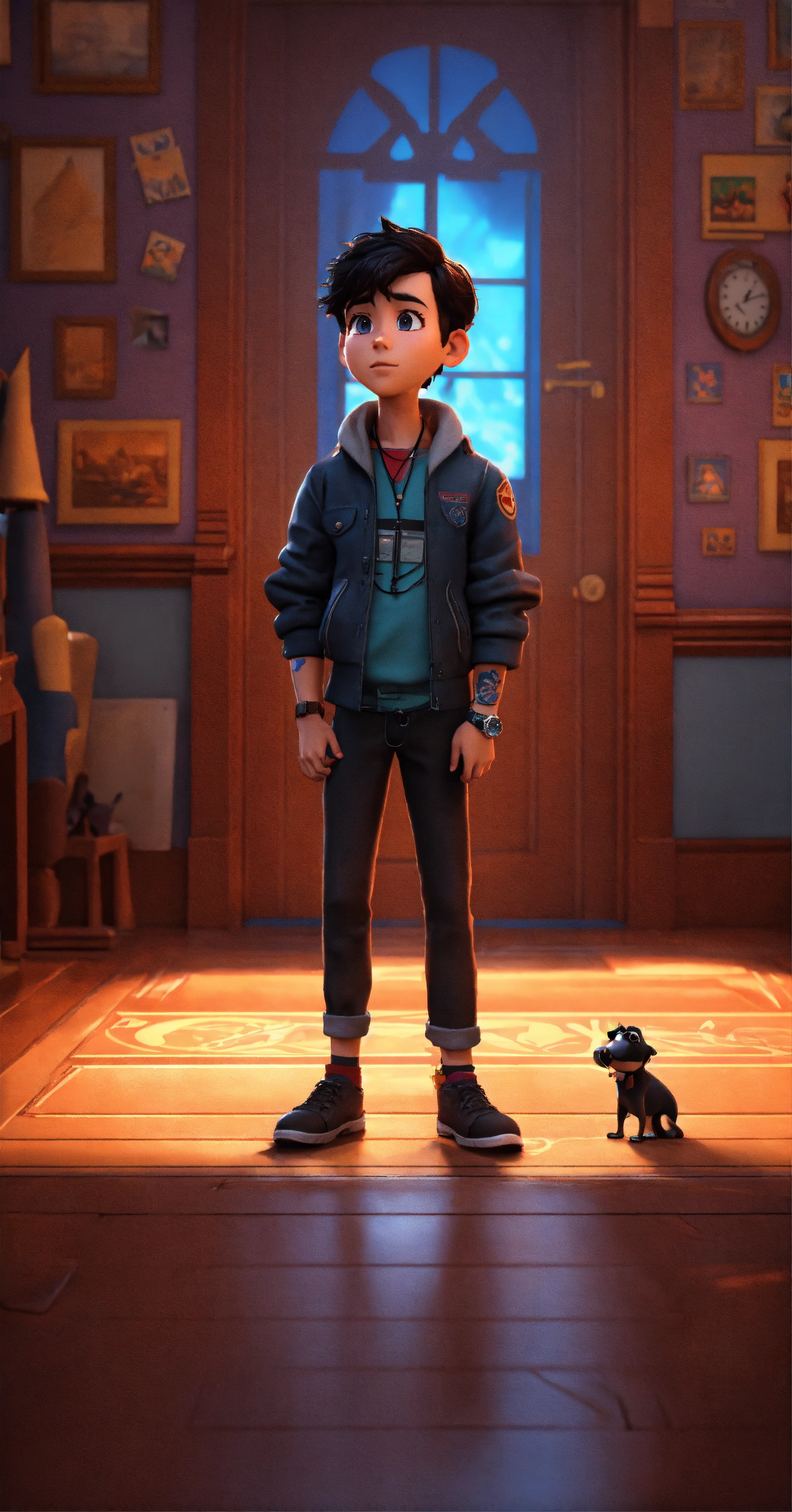 Lexica - Dark haired boy with black pants and jacket, standing in the ...