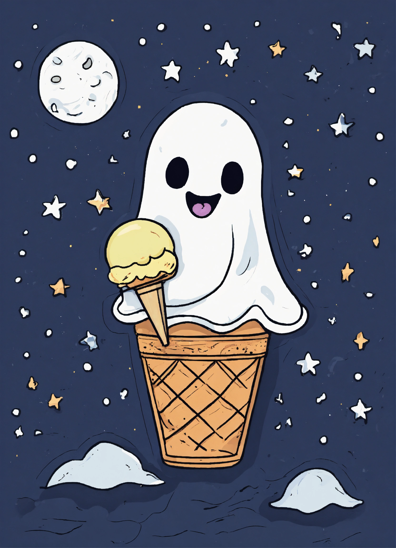 Lexica - Simple ghost eating ice cream doodle png starry night background