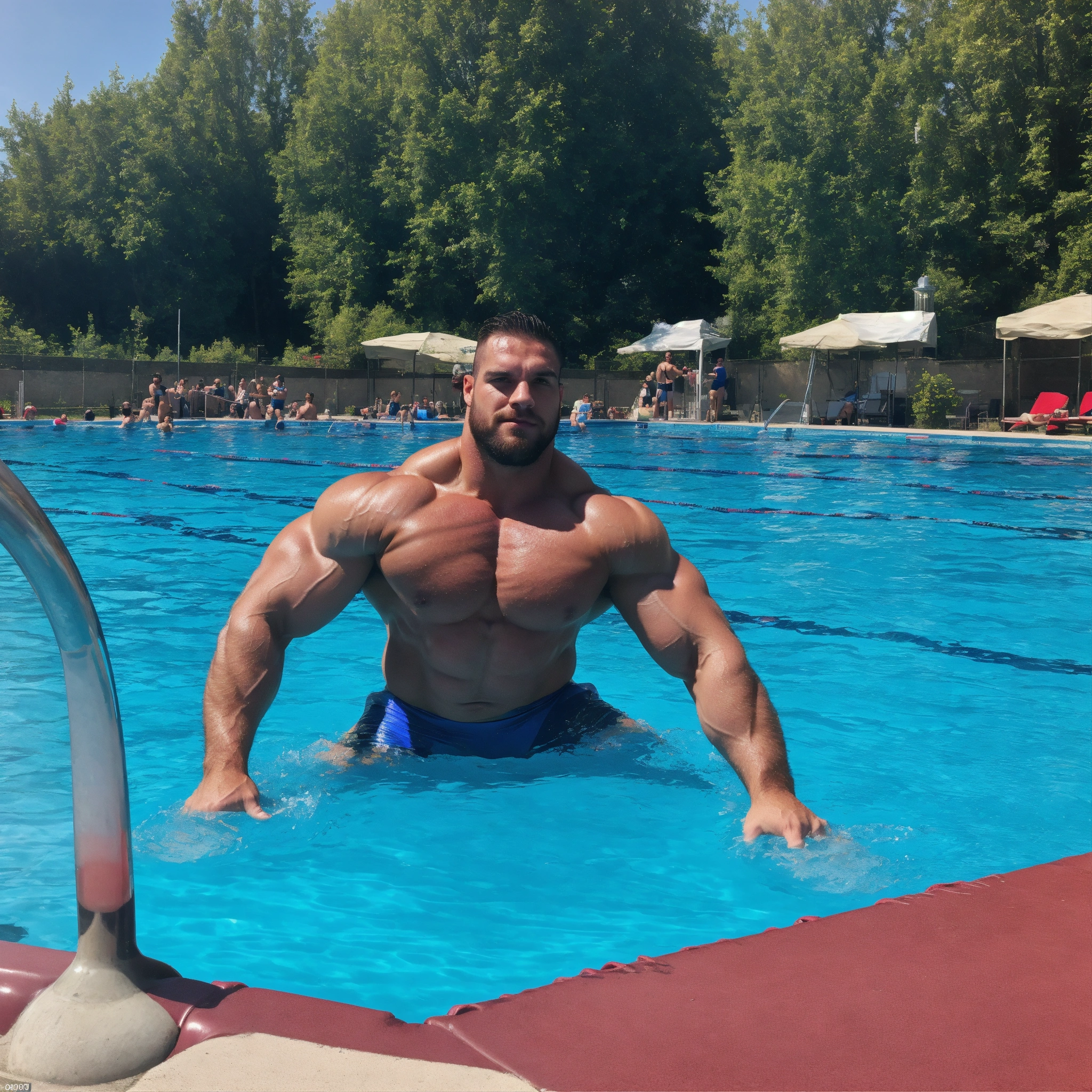 Lexica - 30-year-old man with big muscles, big bodybuilder, body like a wrestler, in a pool, serbian