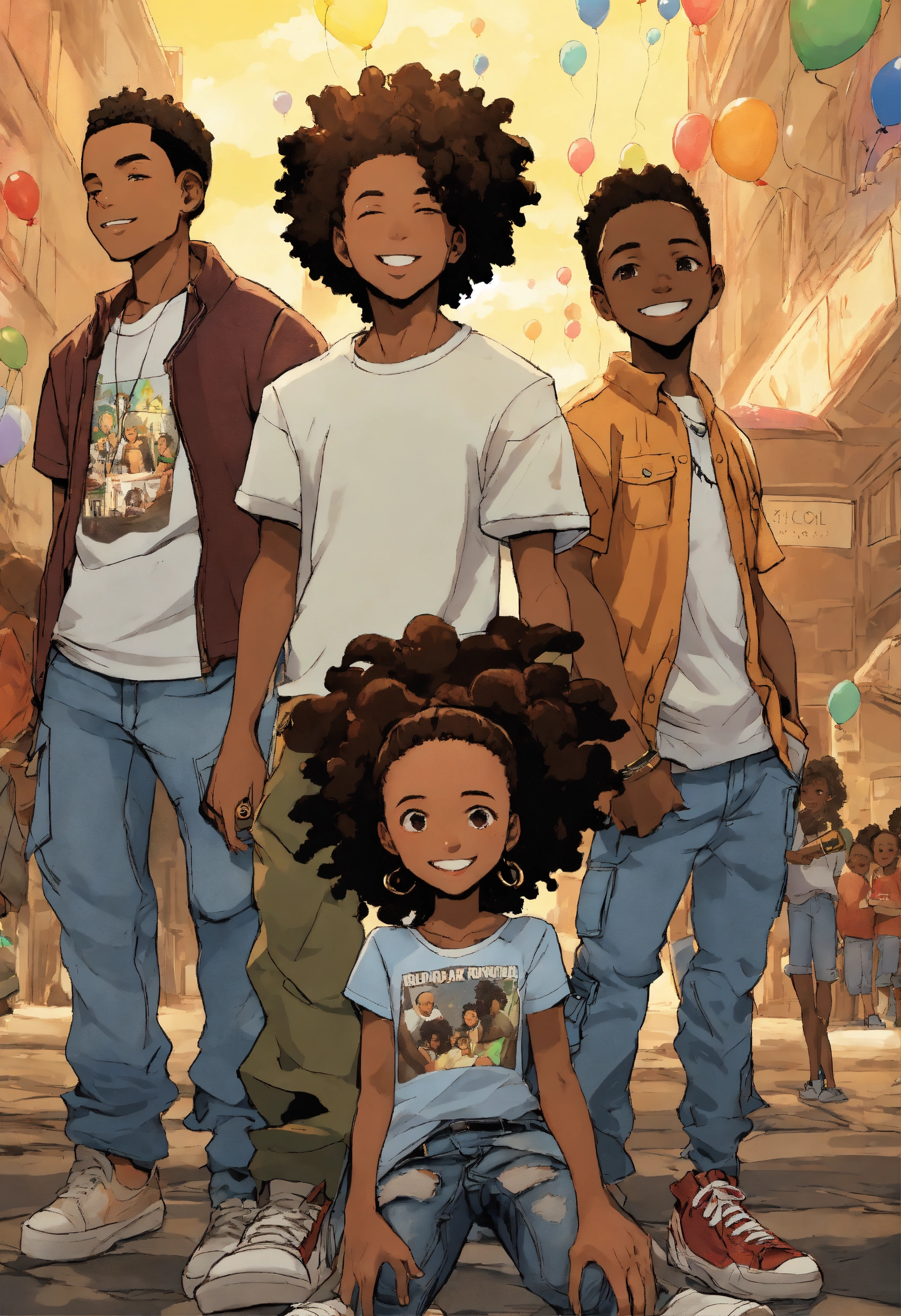 Lexica - The boondocks storybook style art, group of smiling 14 year ...