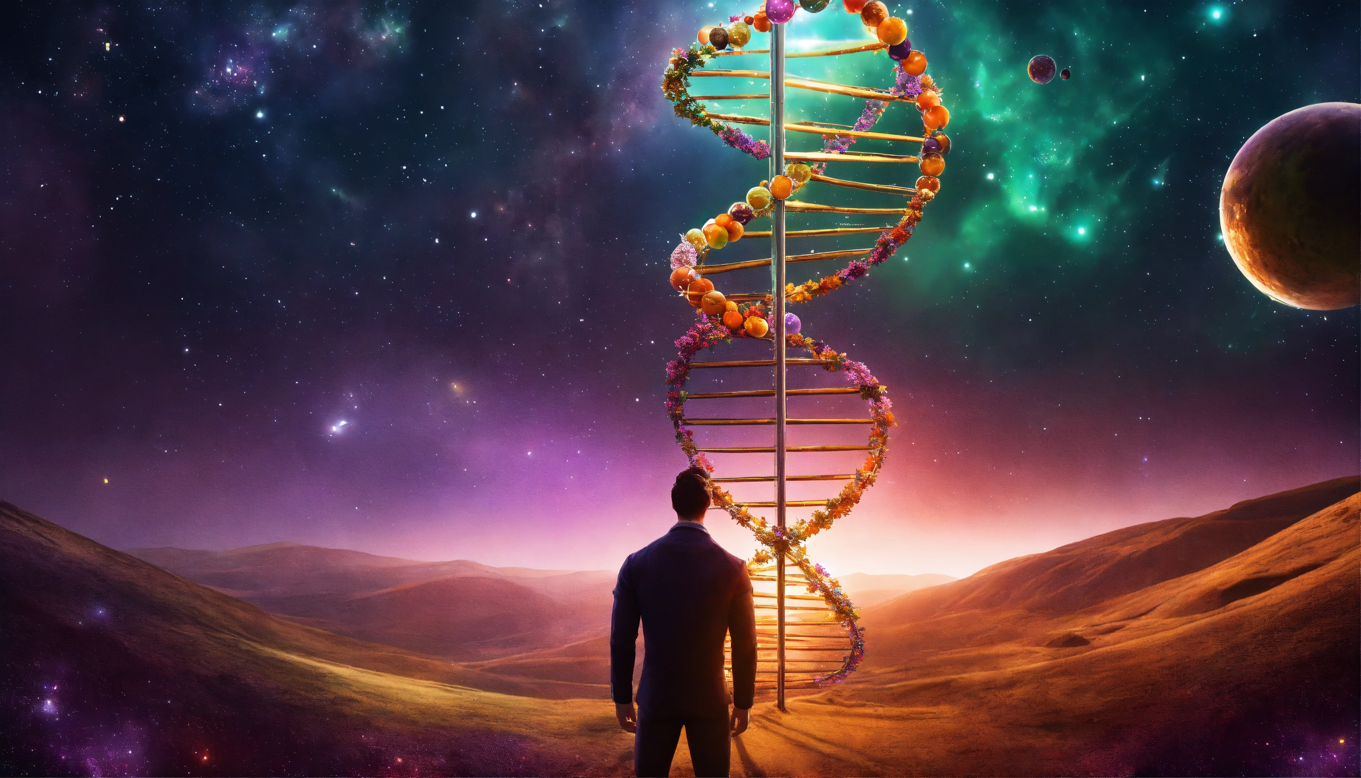 Lexica - Well built man looking up, dna strands floating in the ...
