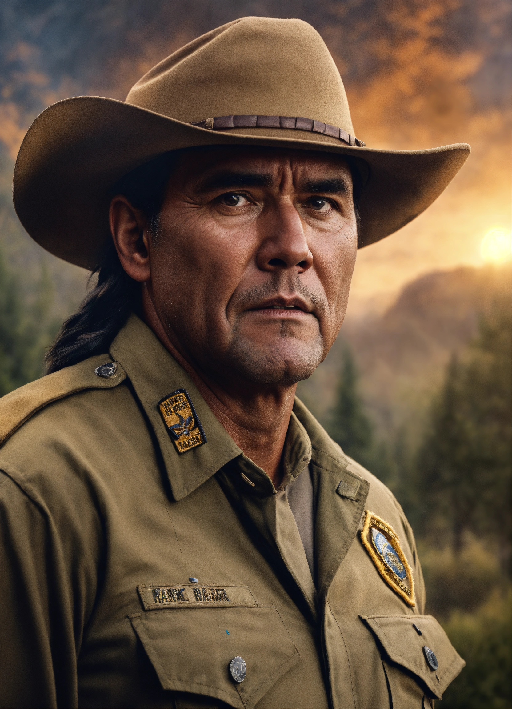 Lexica - Portrait of an native american park ranger man scared ...