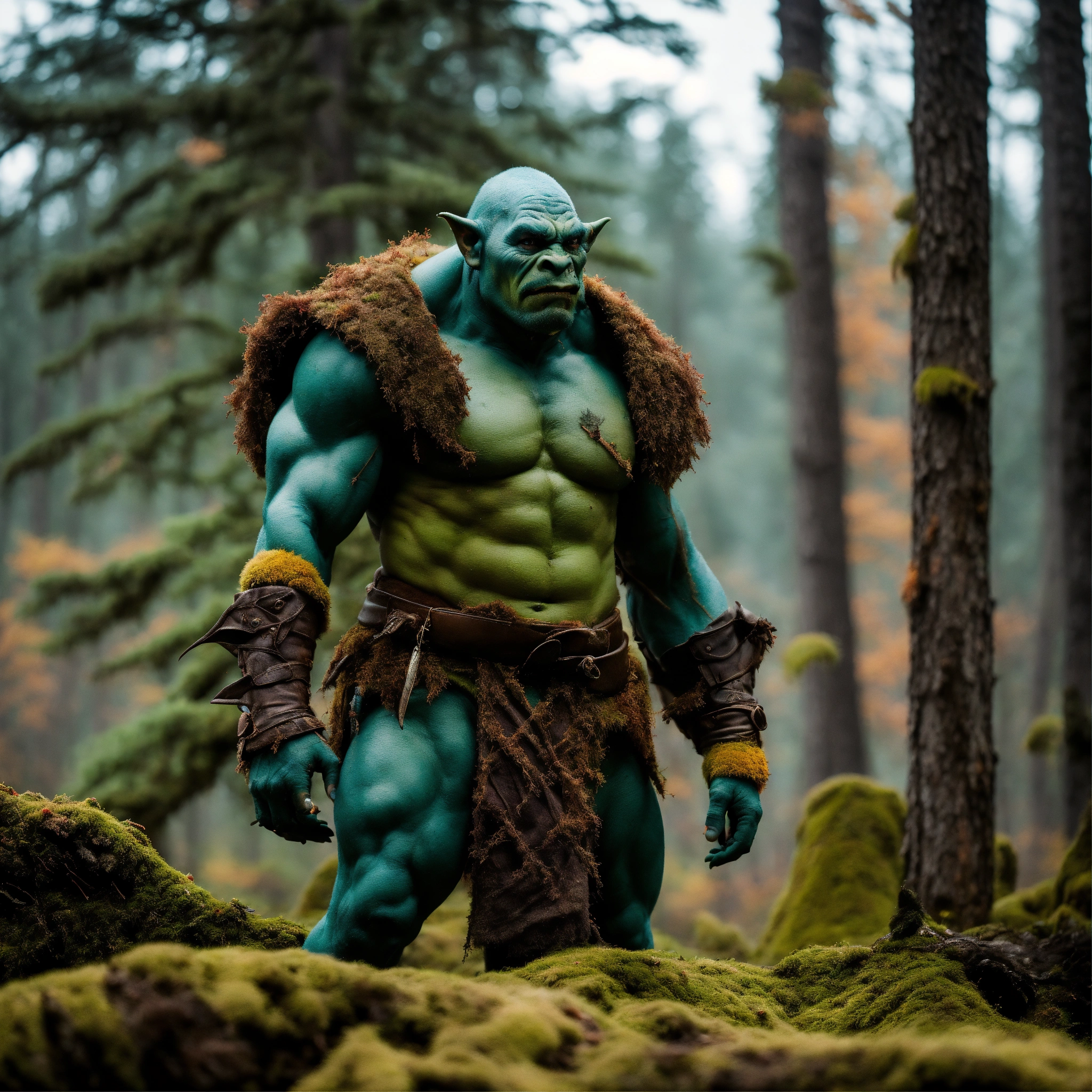 Lexica - A realistic orc among the trees, forest lake, moss, cold weather, dark teal and amber ...