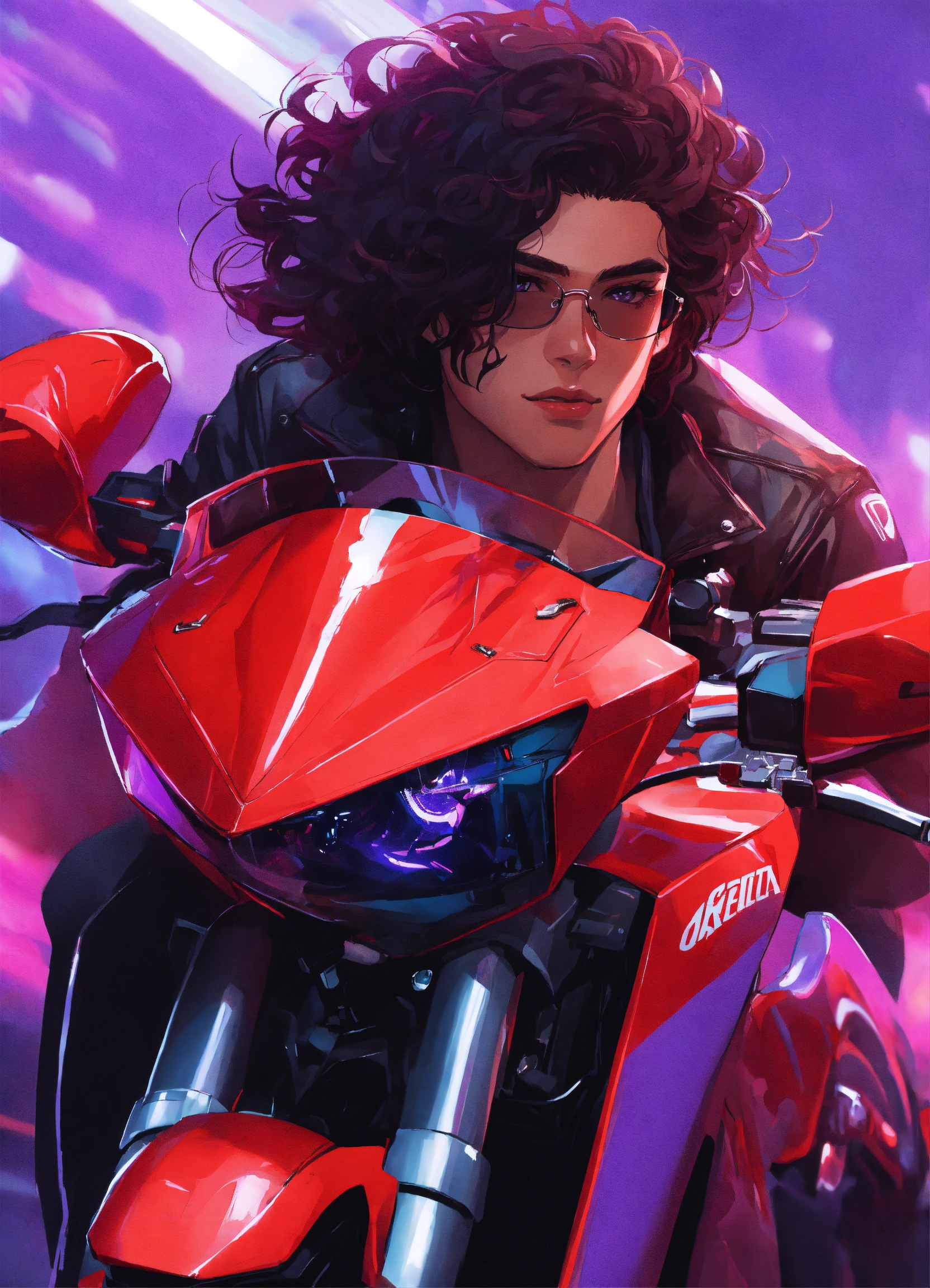 Lexica - Illustration of young man with violet eyes, riding red Ducati ...