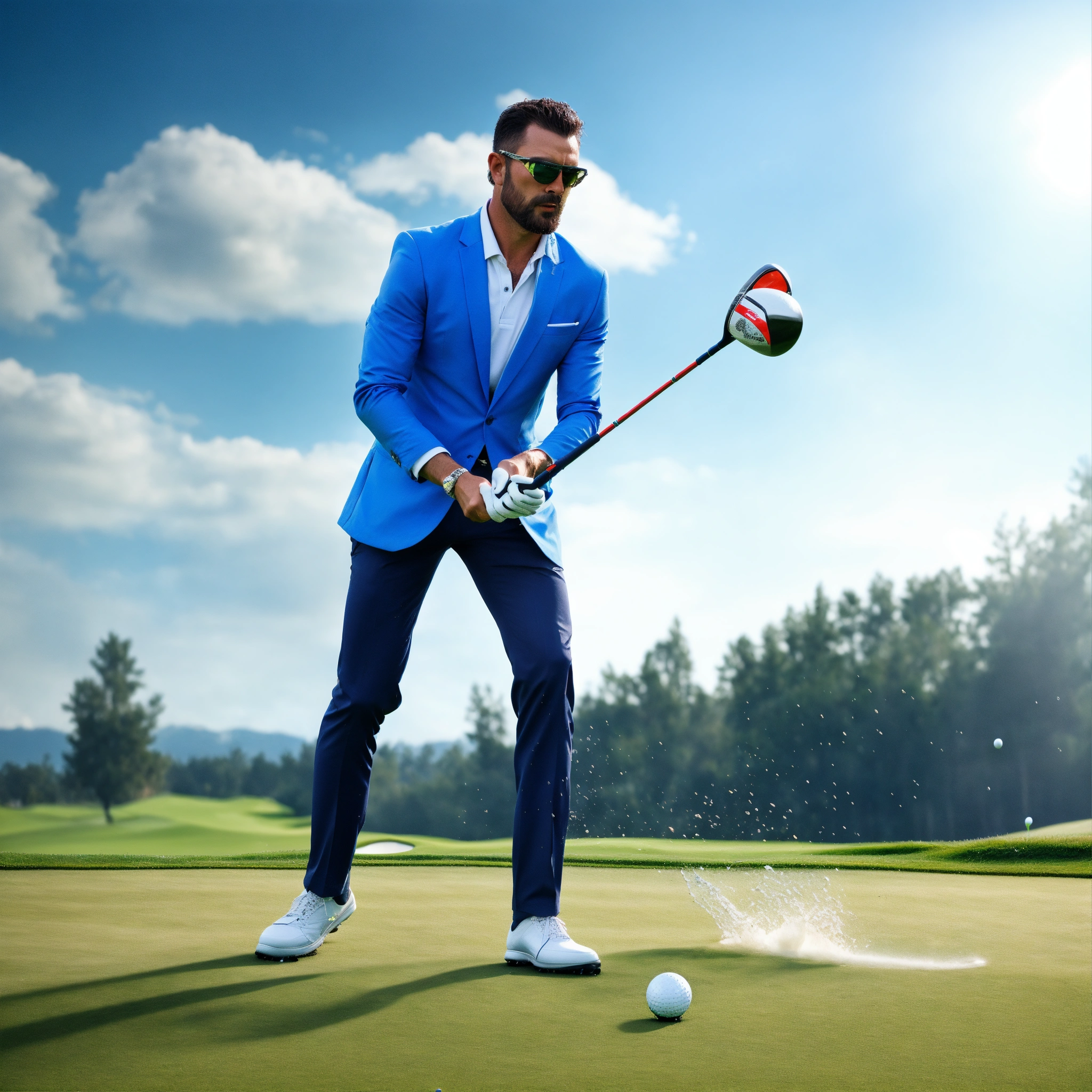 Lexica - 4k hd ultra realistic man blue blazer, sunglasses. Swinging ...