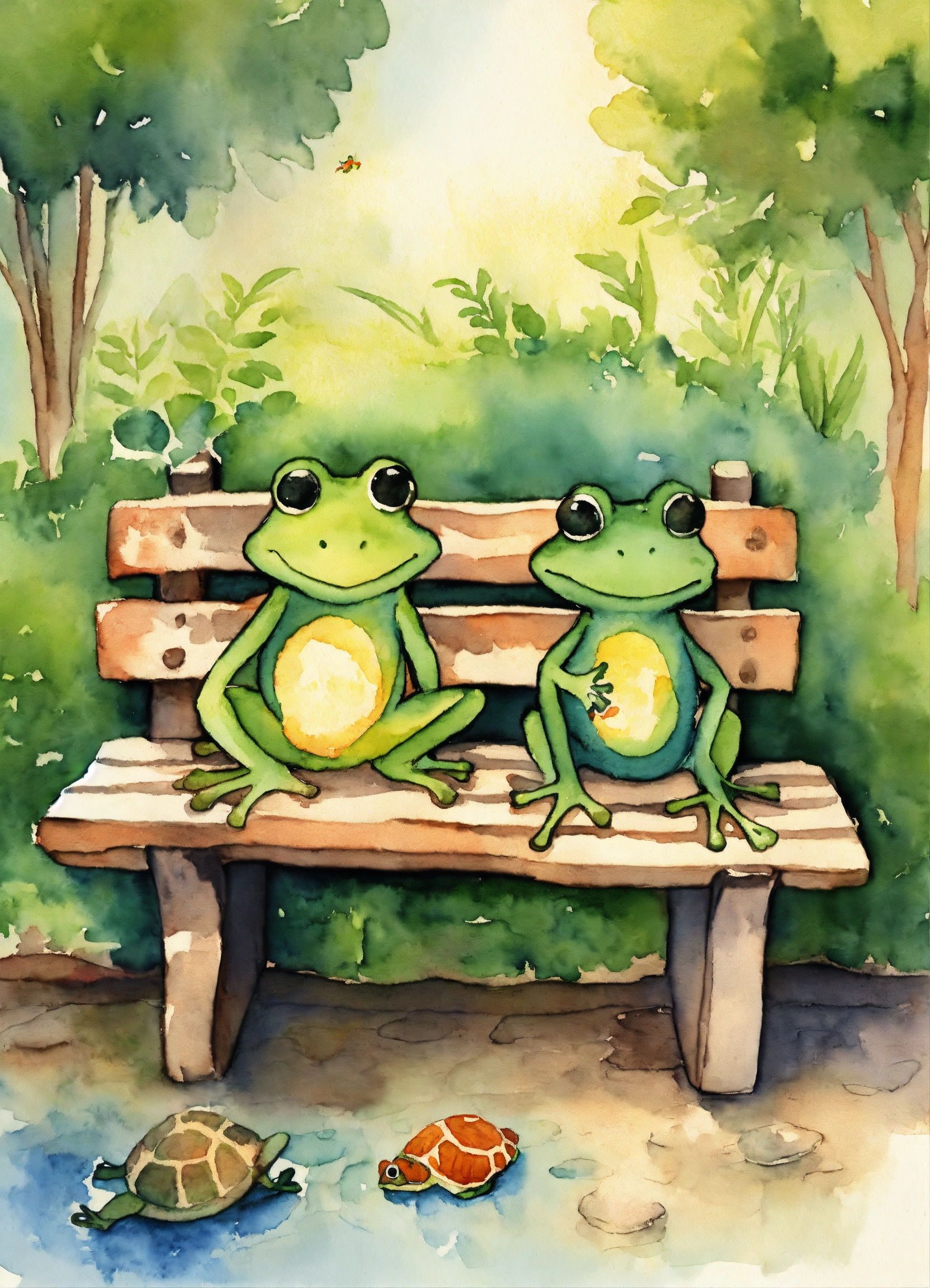 Lexica - Frog and turtle sitting on a bench talking Watercolor ...