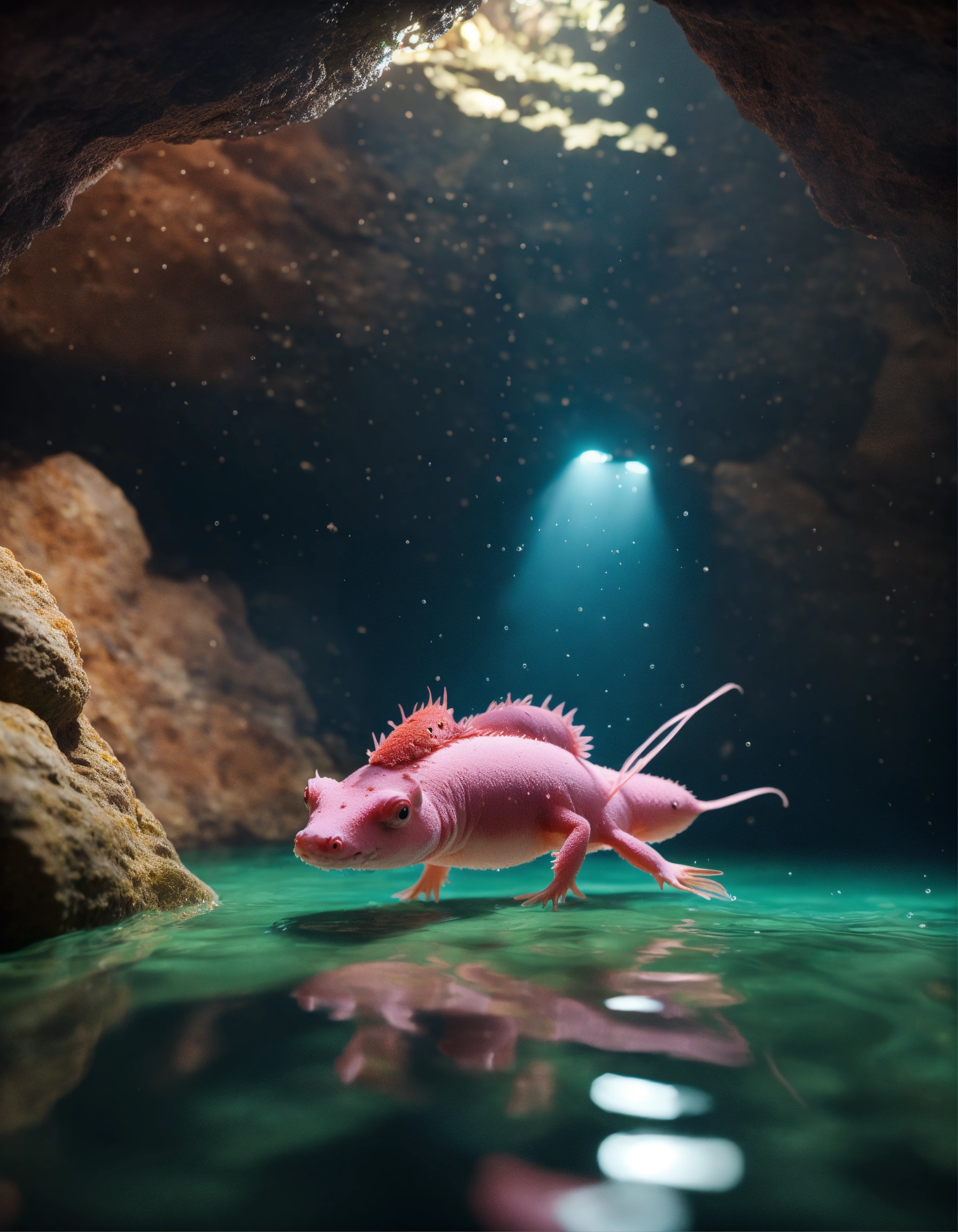 Lexica - Axolotls in a pool of water in a cave illuminated by a flash ...