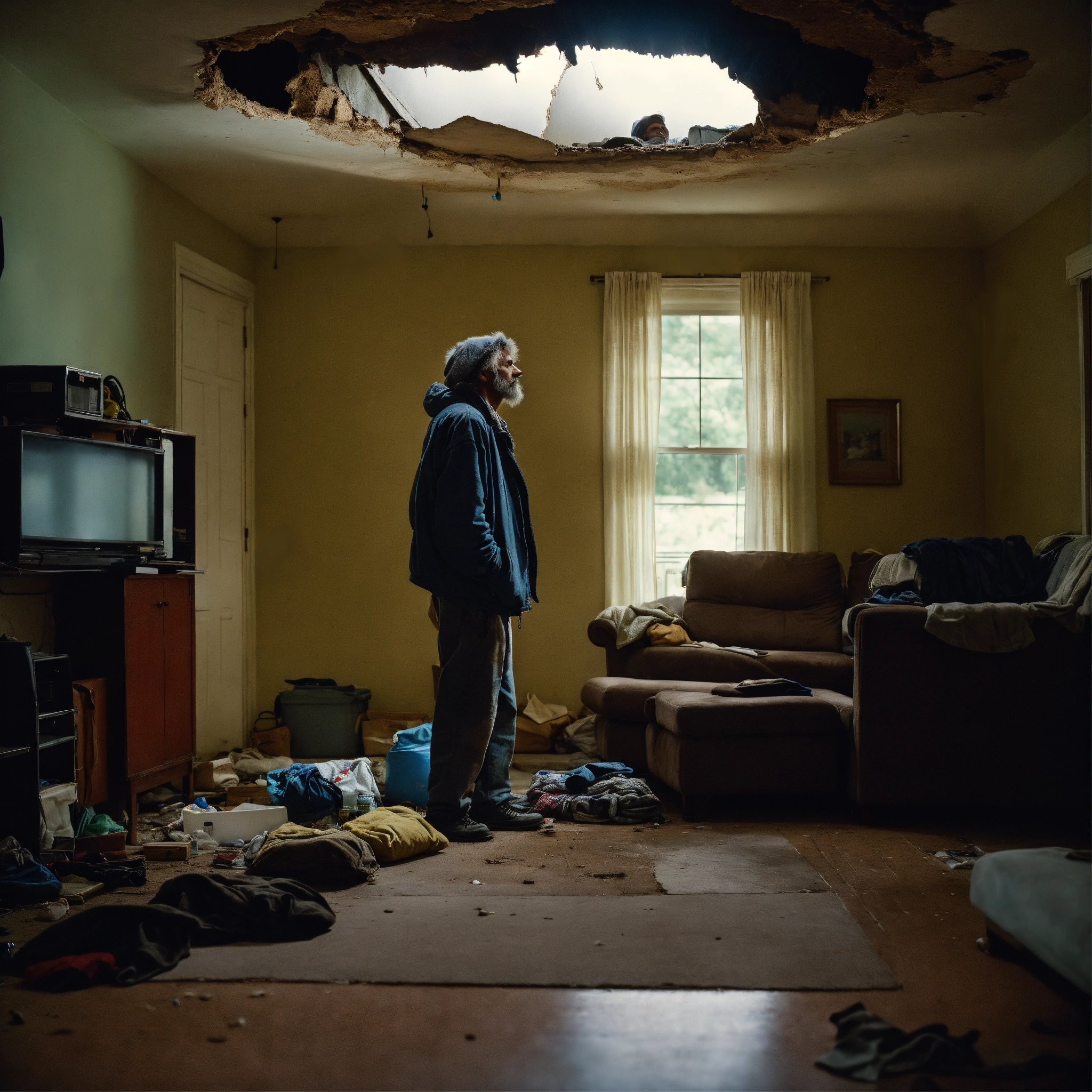 Lexica - Cinematic photograph of a homeless man looking up into a large ...