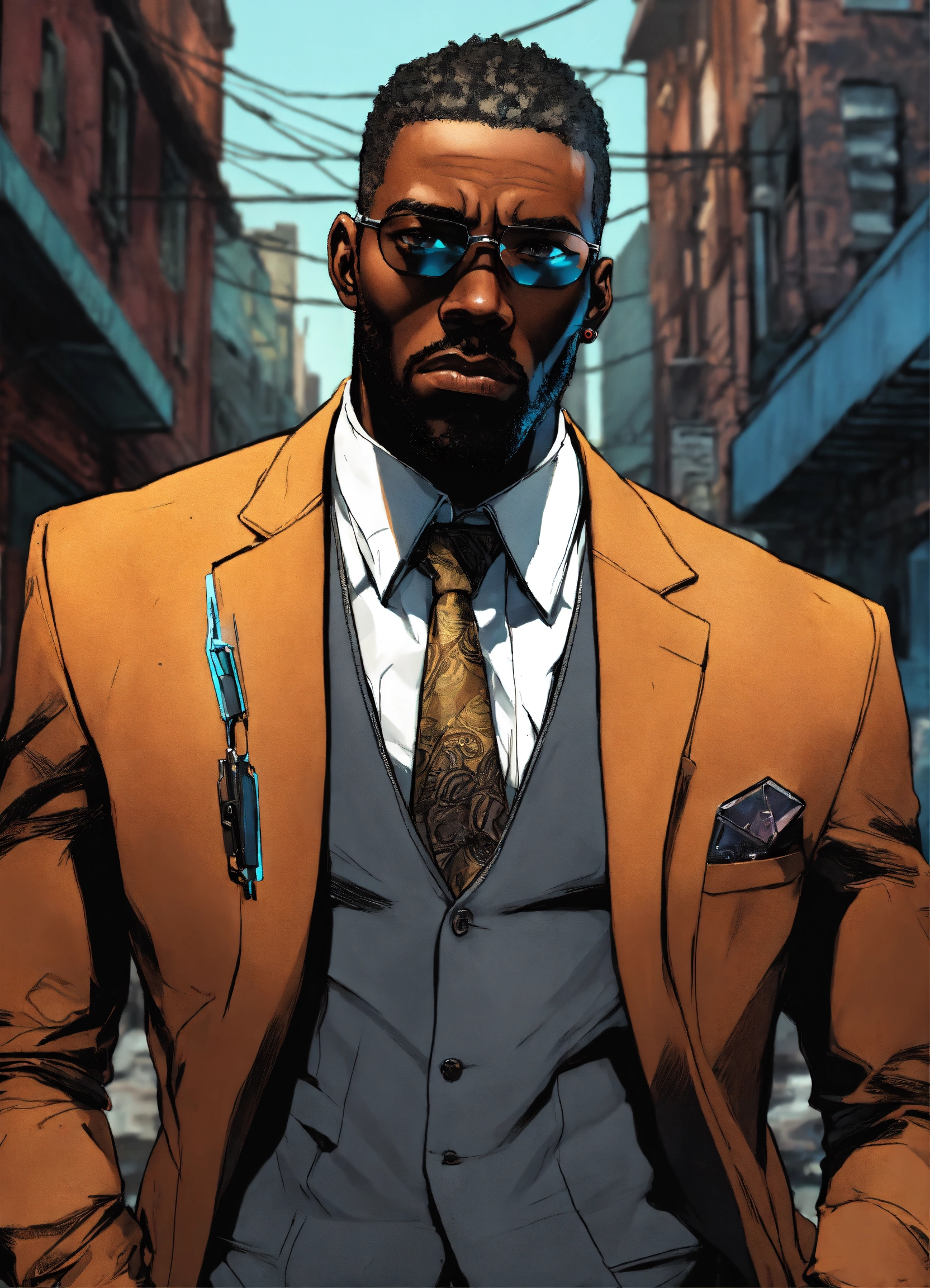 Lexica - Cyberpunk African American in a suit, in gritty back street ...