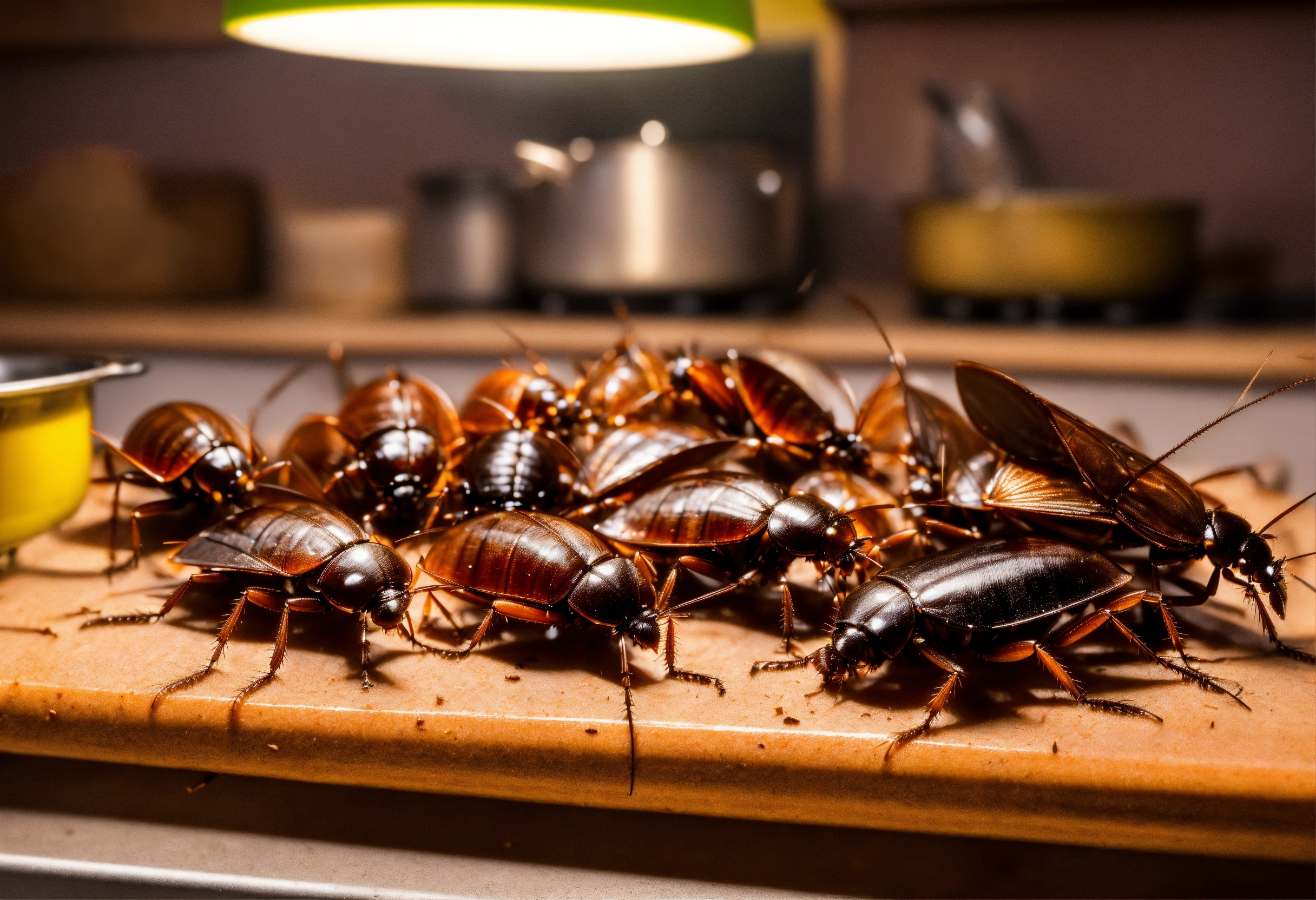 Lexica - Cockroaches scurrying around in a kitchen, causing chaos.
