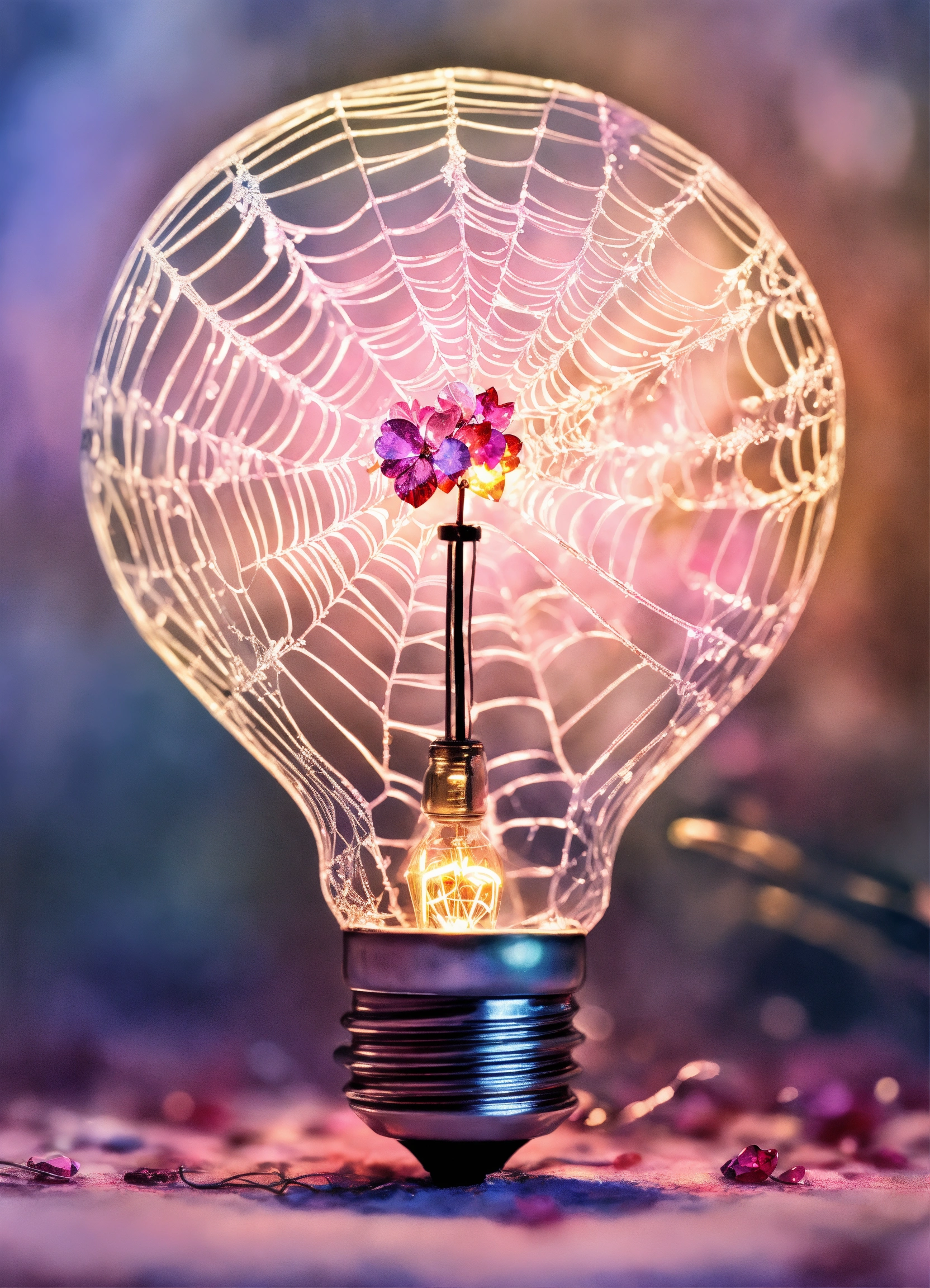 Lexica - Pastel light pink Spiderweb inside, edison lightbulb heart ...
