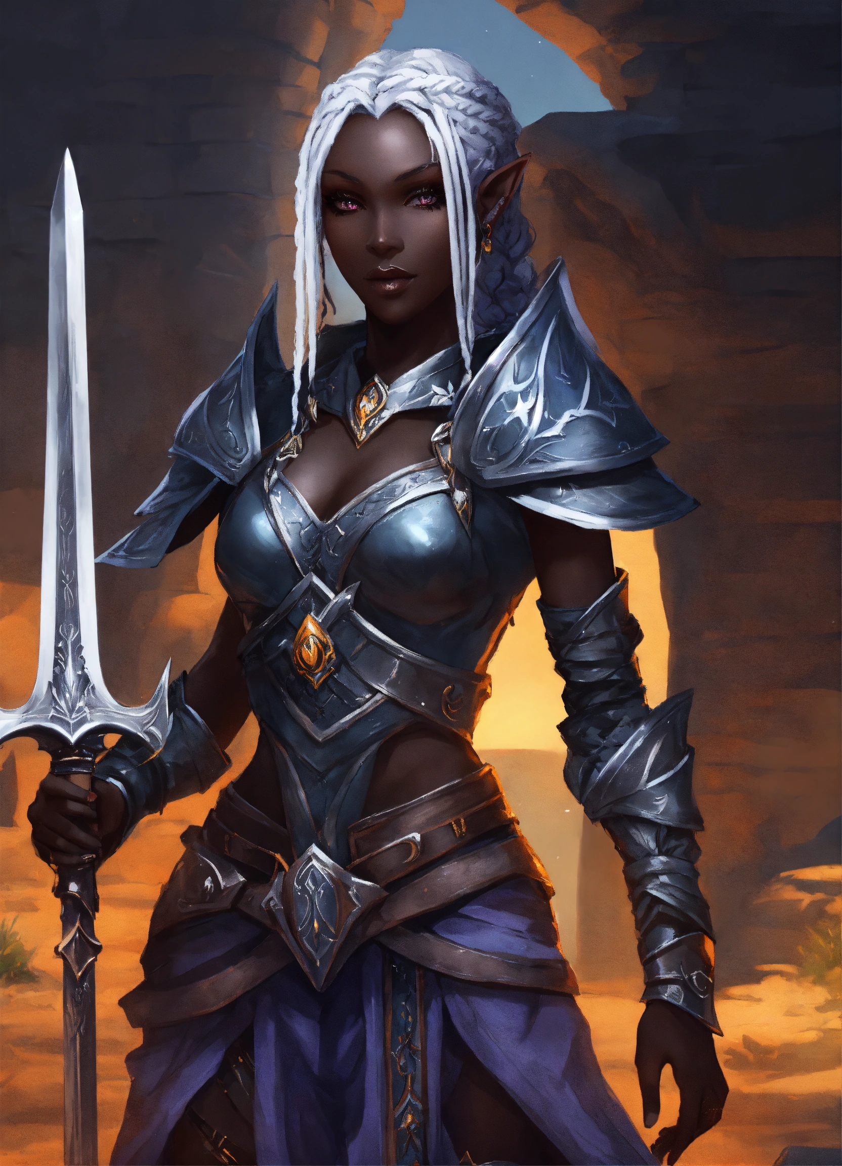 Lexica - A beautiful drow woman in sun themed armor. she has braids and dark gray skin. obsidian ...