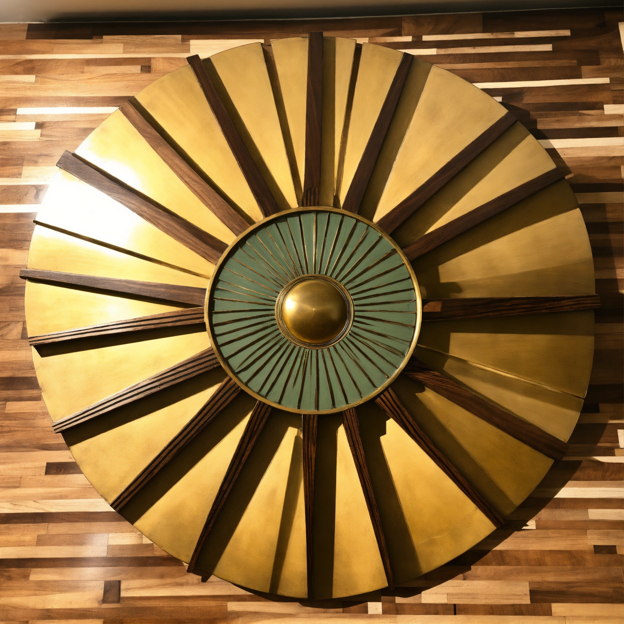 Lexica - Midcentury brass radial sun figure on top of walnut stripes ...