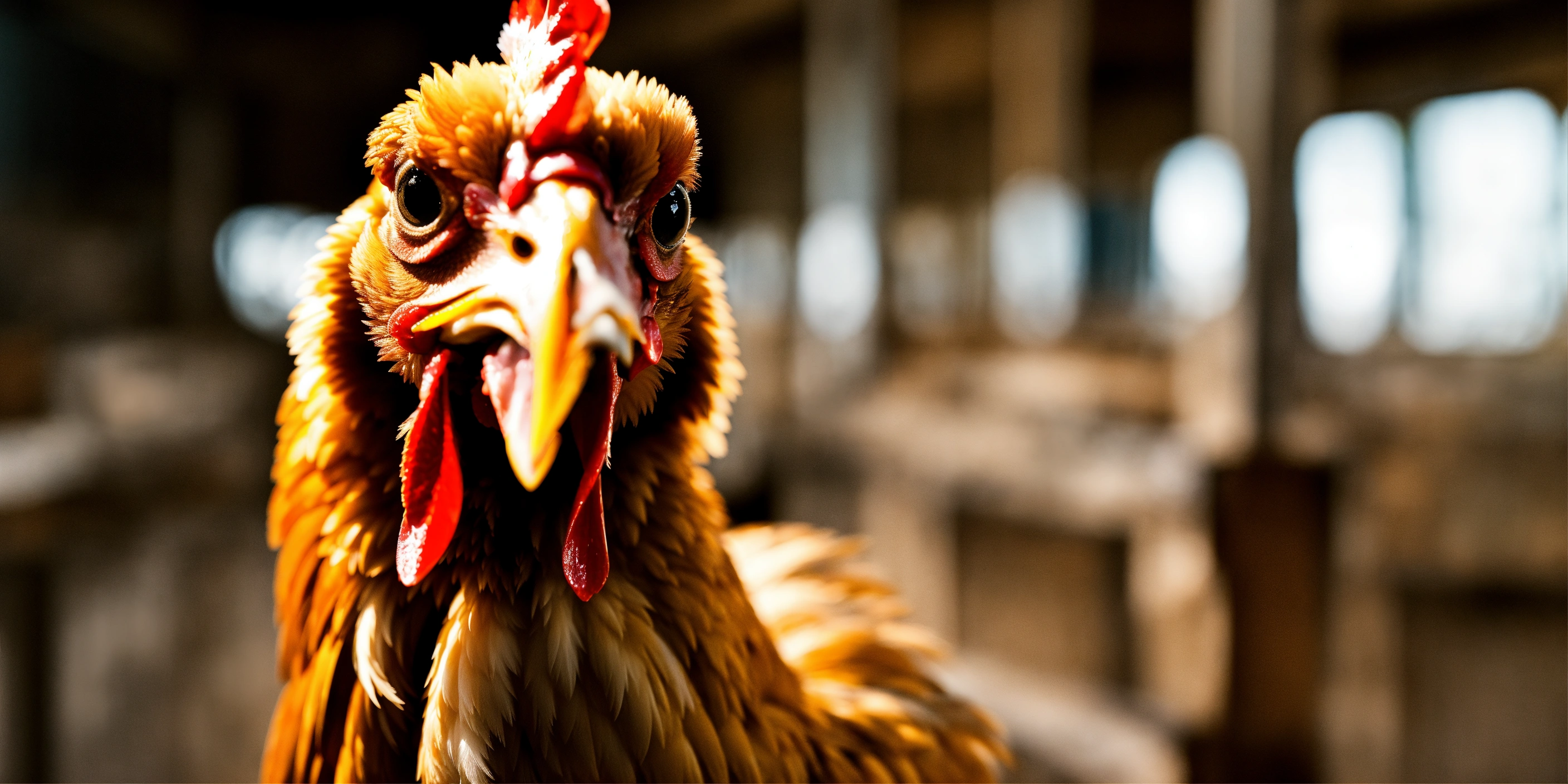 Lexica - Photo of a chicken head looking into the camera standing in ...