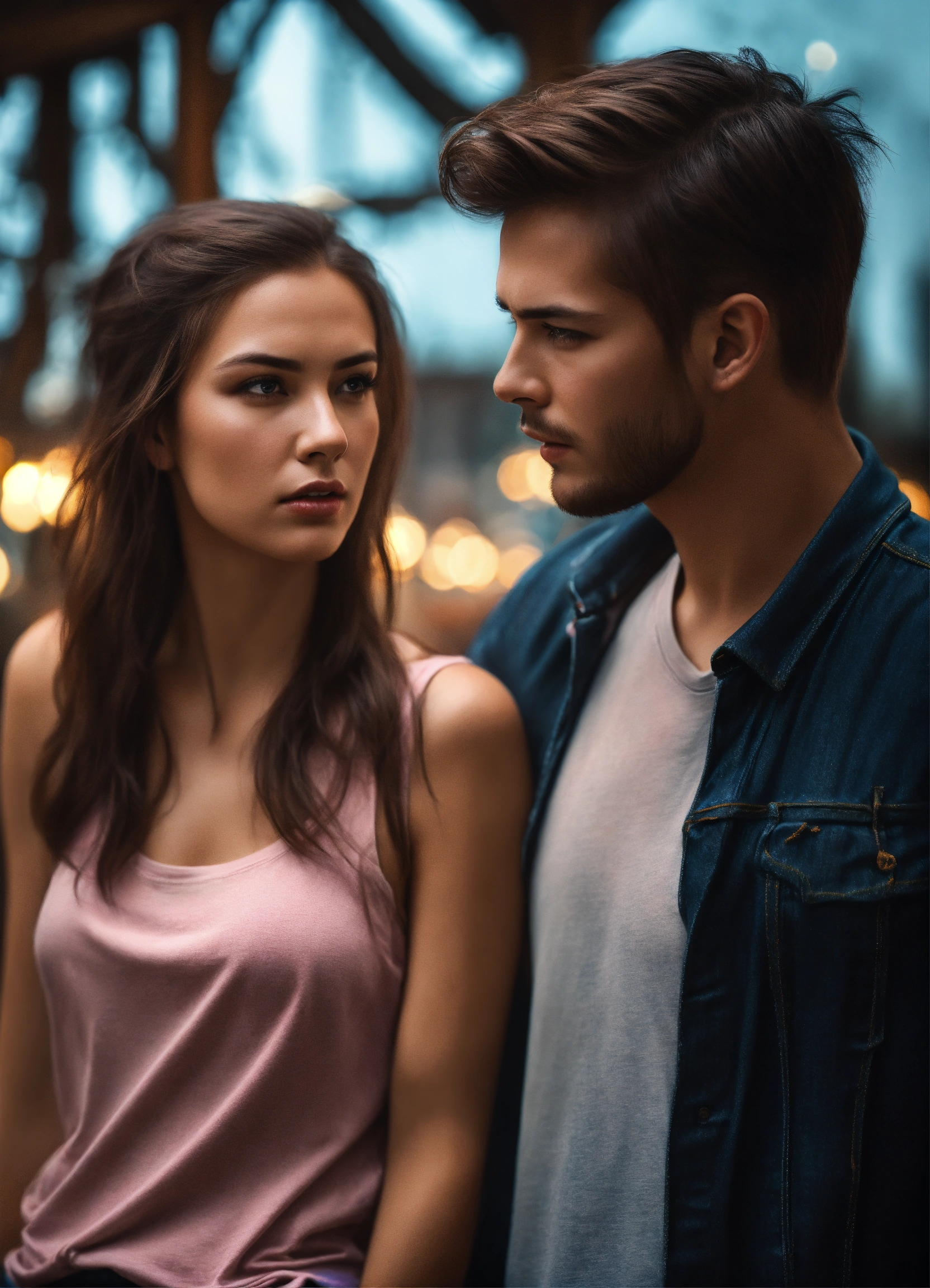 Lexica - Beautiful girl in t-shirt and jeans and beautiful man looking ...