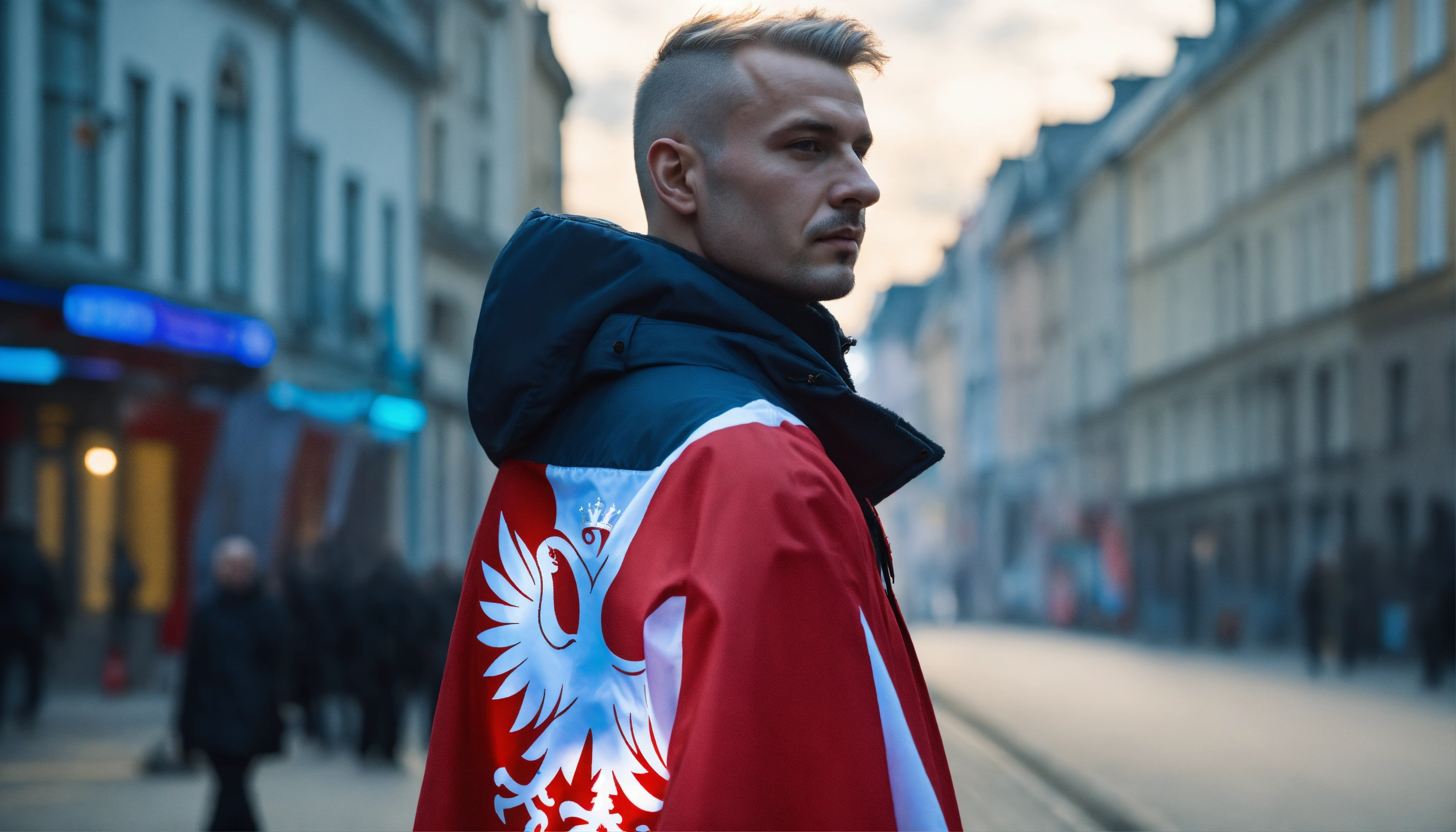 Lexica - Cyberpunk сute man with Poland Flag, on street warshaw ...