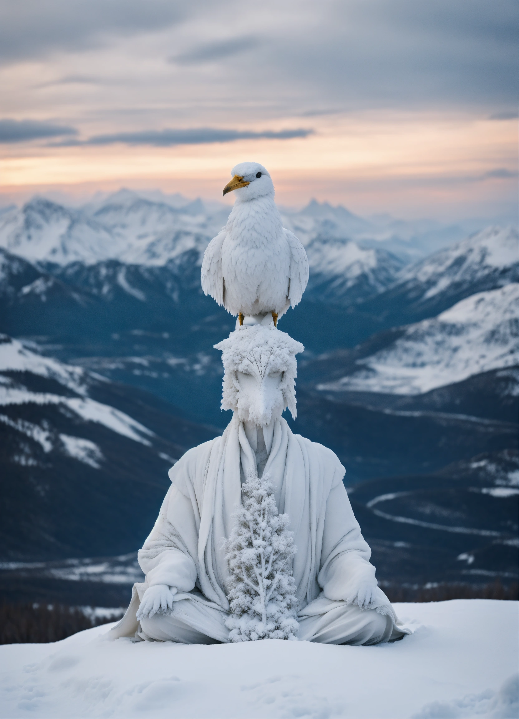 Lexica - All white Erosion bird with humanoid body meditating on a ...