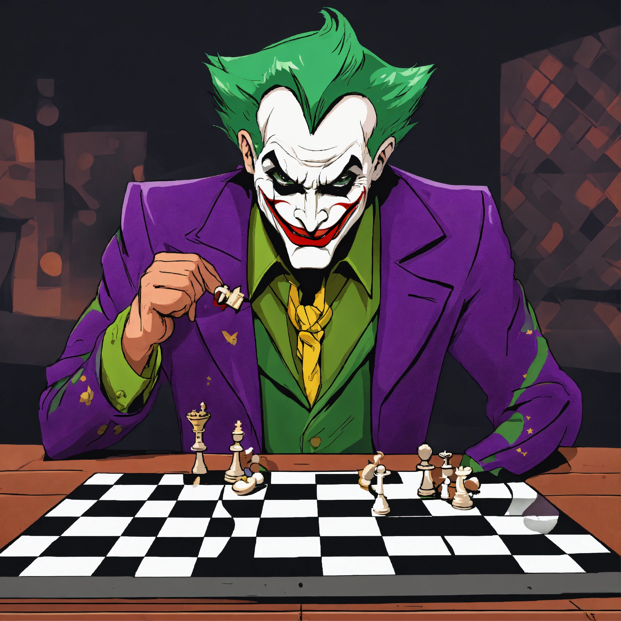 Lexica - Joker playing chess, cartoon style.