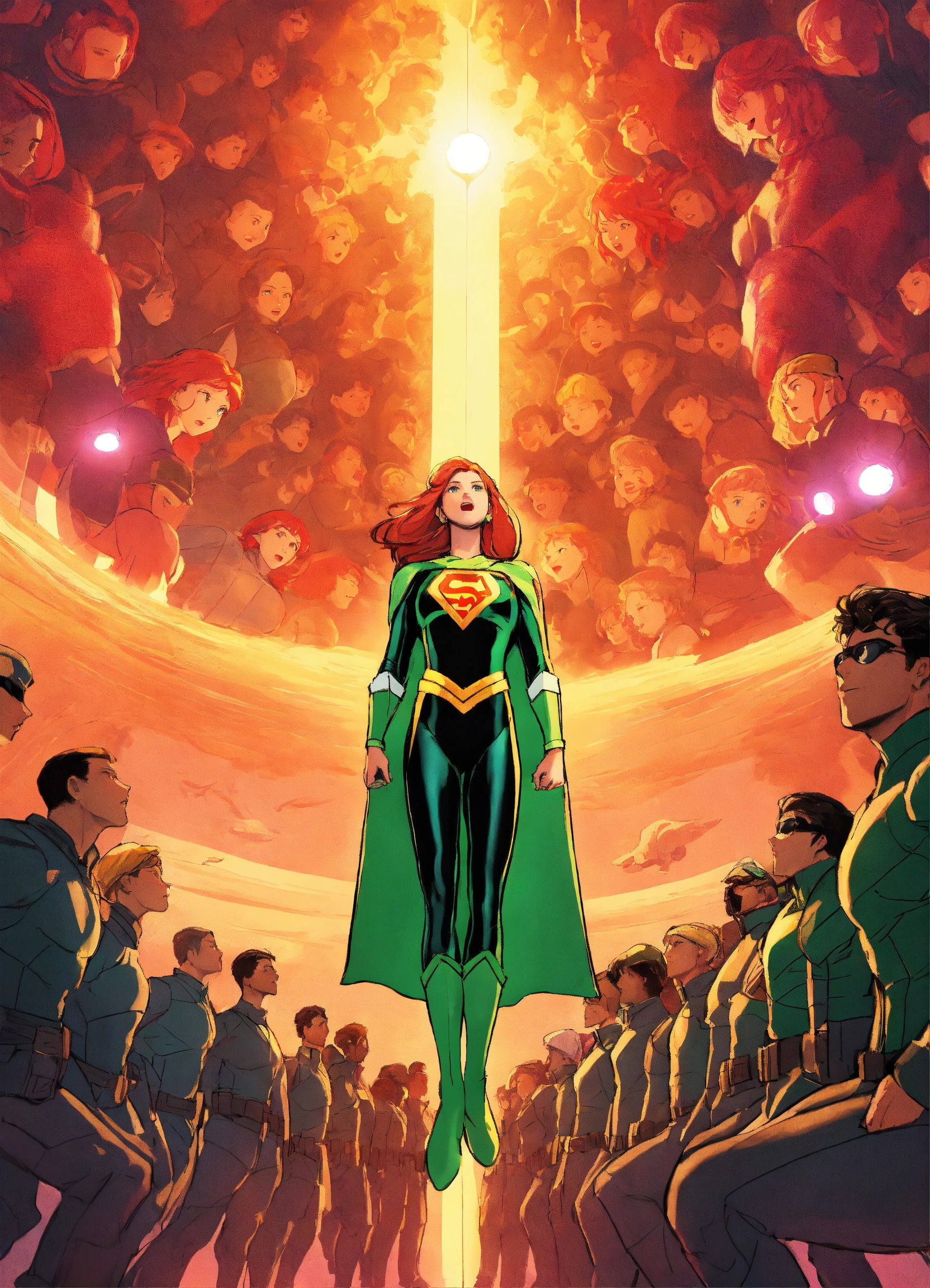 Lexica - An army of earthbound superhero's looking up in awe at a Red ...