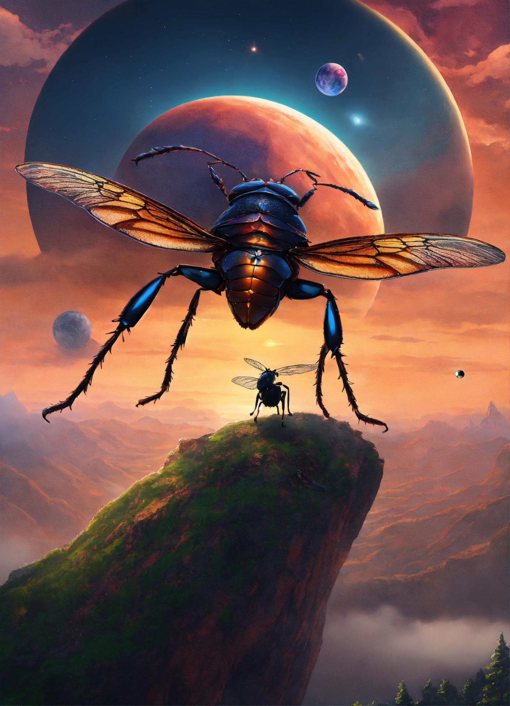 Lexica - A giant beetle pushing a planet up a mountain. a sunset with ...