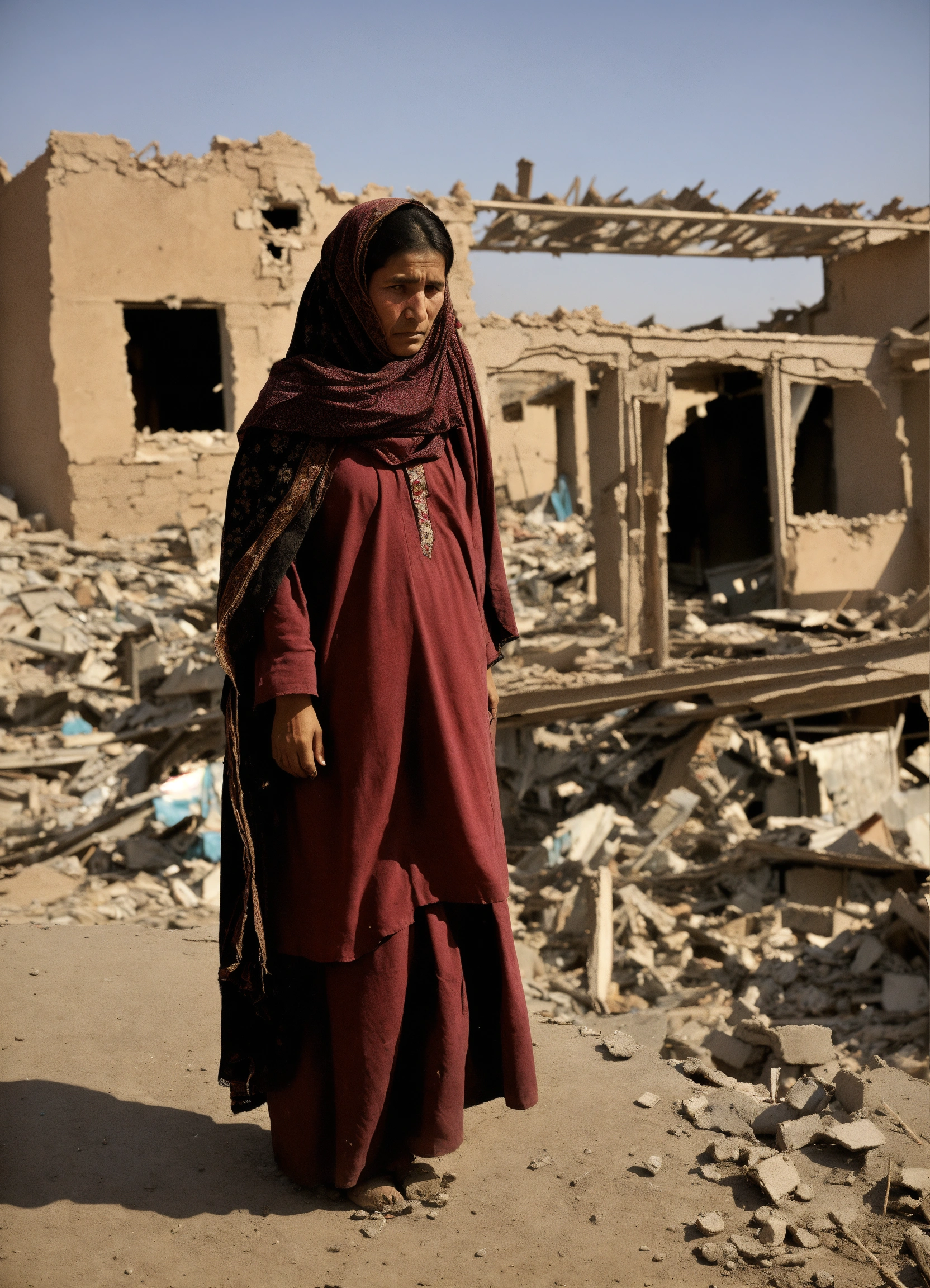 Lexica - A sad 35-year-old veiled Afghan mother near a destroyed house
