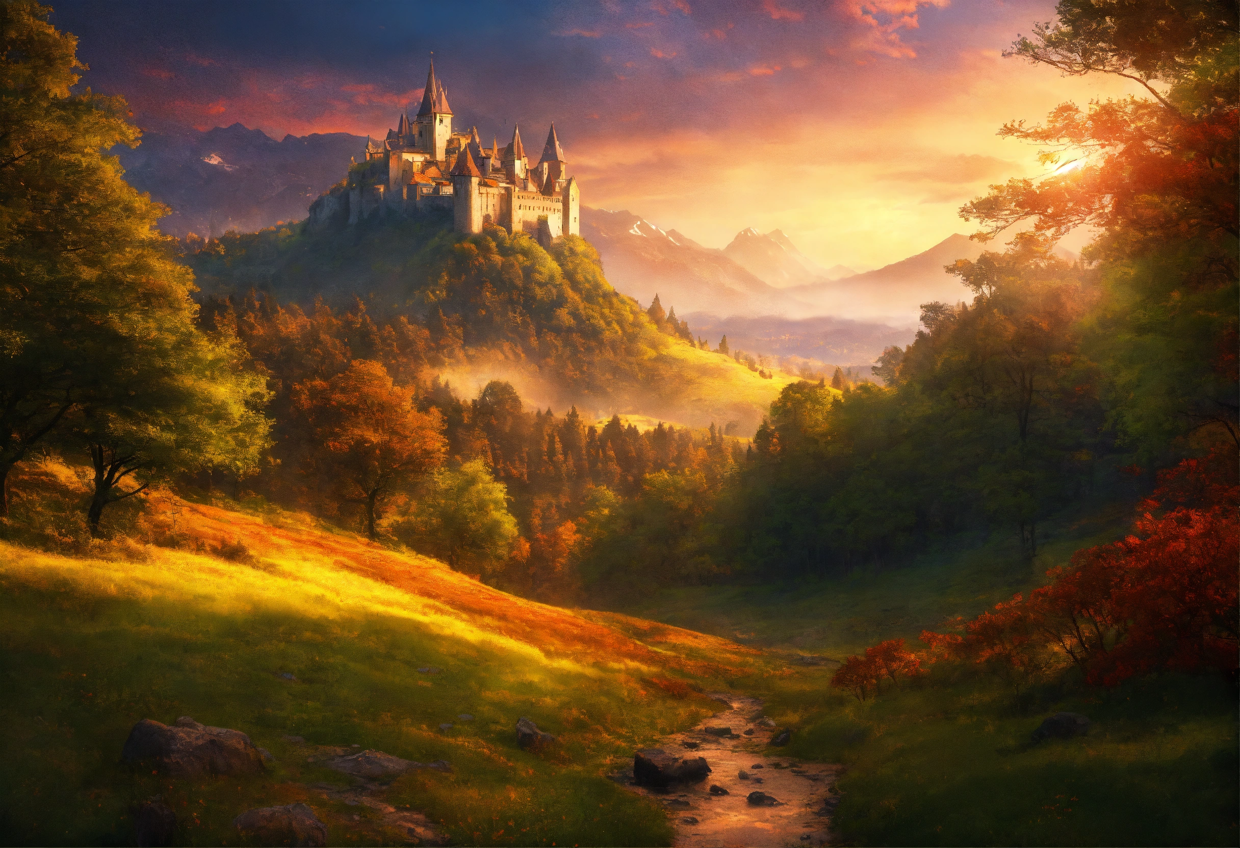 Lexica - A beautiful fantasy landscape at sunset of dense medieval ...